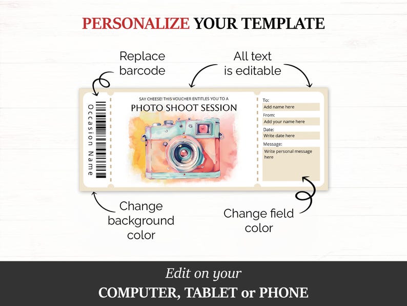 Editable Photoshoot Gift Certificate Template, Printable Photo Session ...