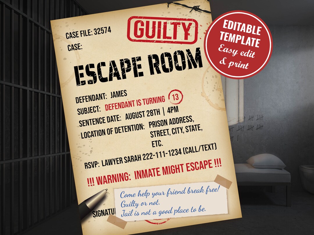 Jail Breakout Escape Room Birthday Invitation, Editable Prison Breakout ...