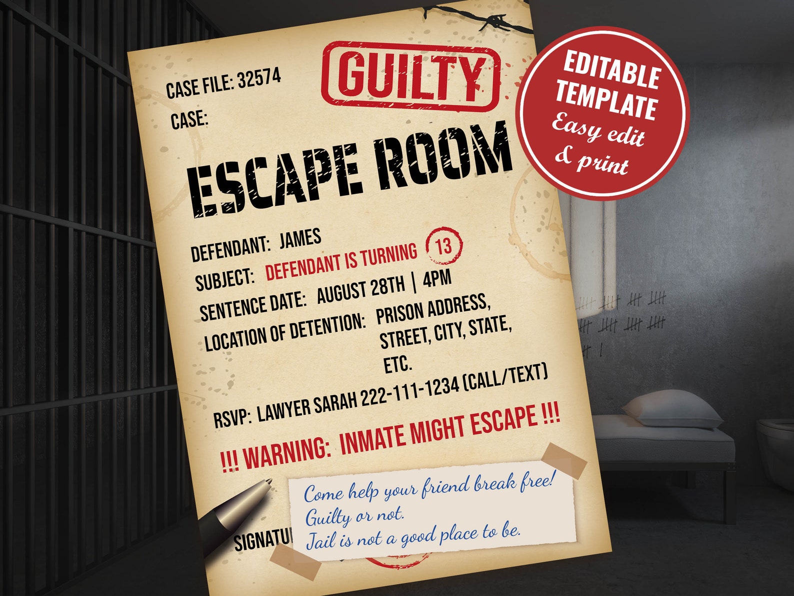Jail Breakout Escape Room Birthday Invitation, Editable Prison Breakout ...