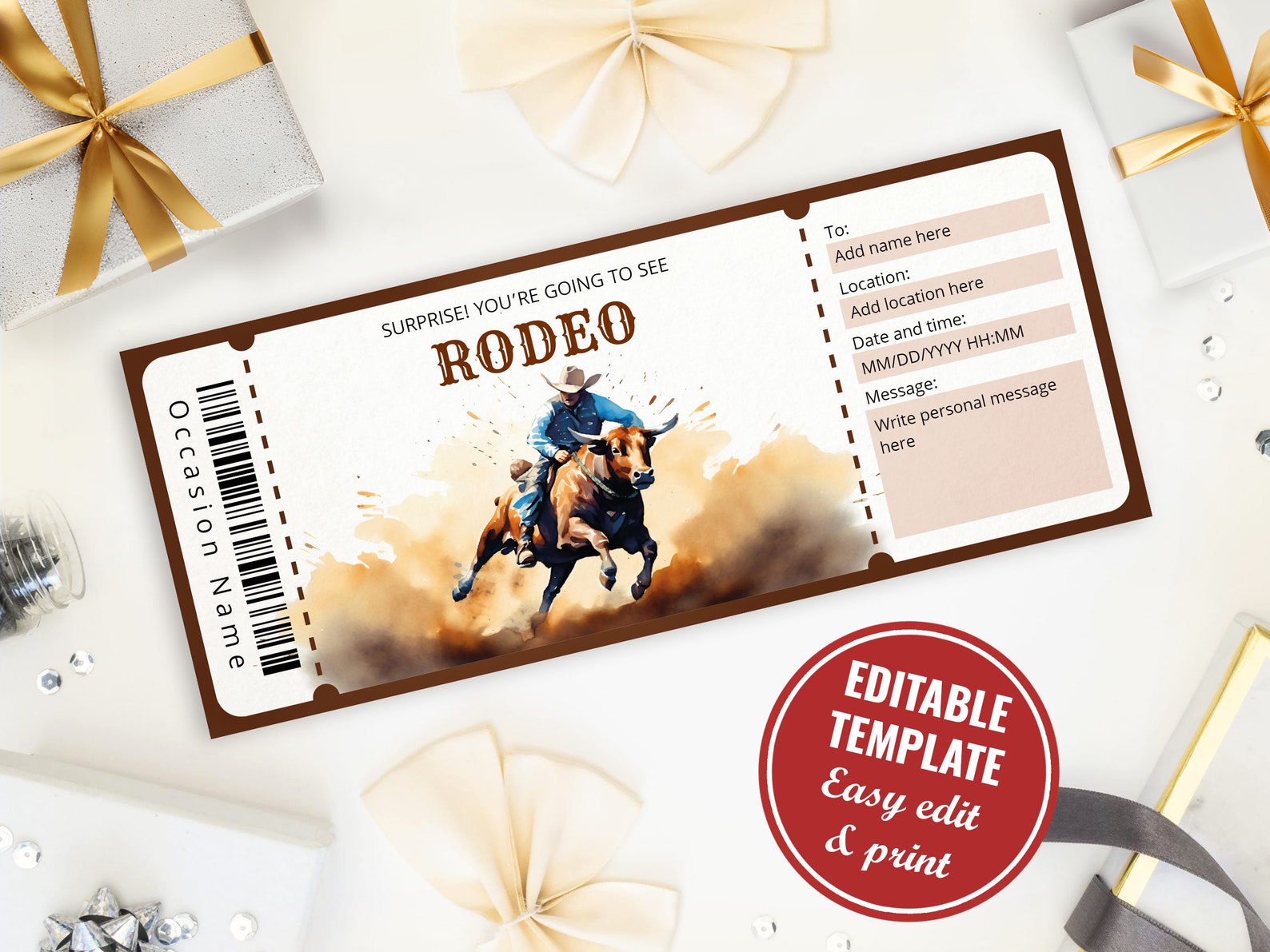 Surprise Bull Rodeo Ticket Template, Customizable and Printable Bull ...