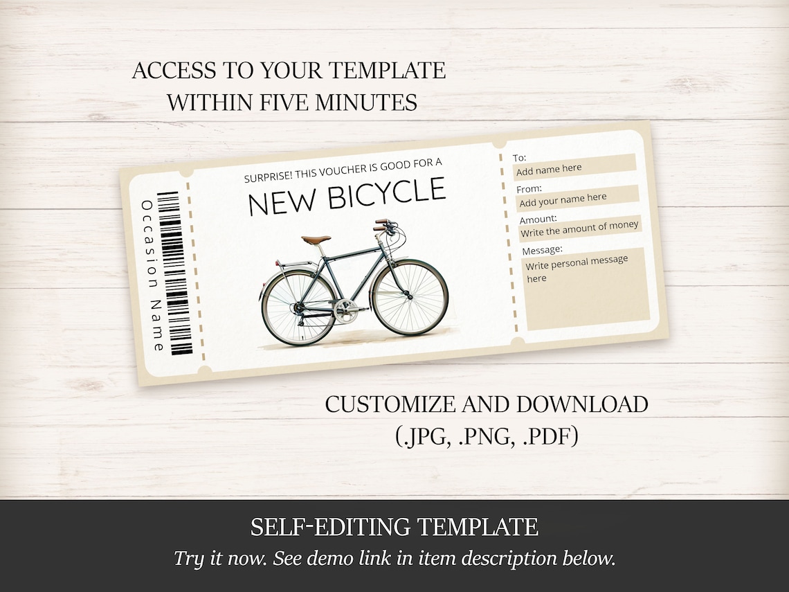 Editable New Bicycle Gift Voucher Personalized Template, Surprise ...