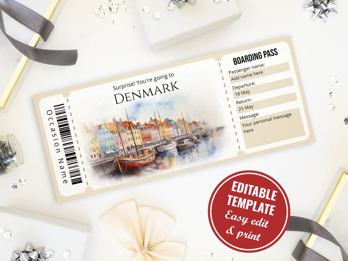 Editable Denmark Boarding Pass Template, Printable Personalized Gift ...