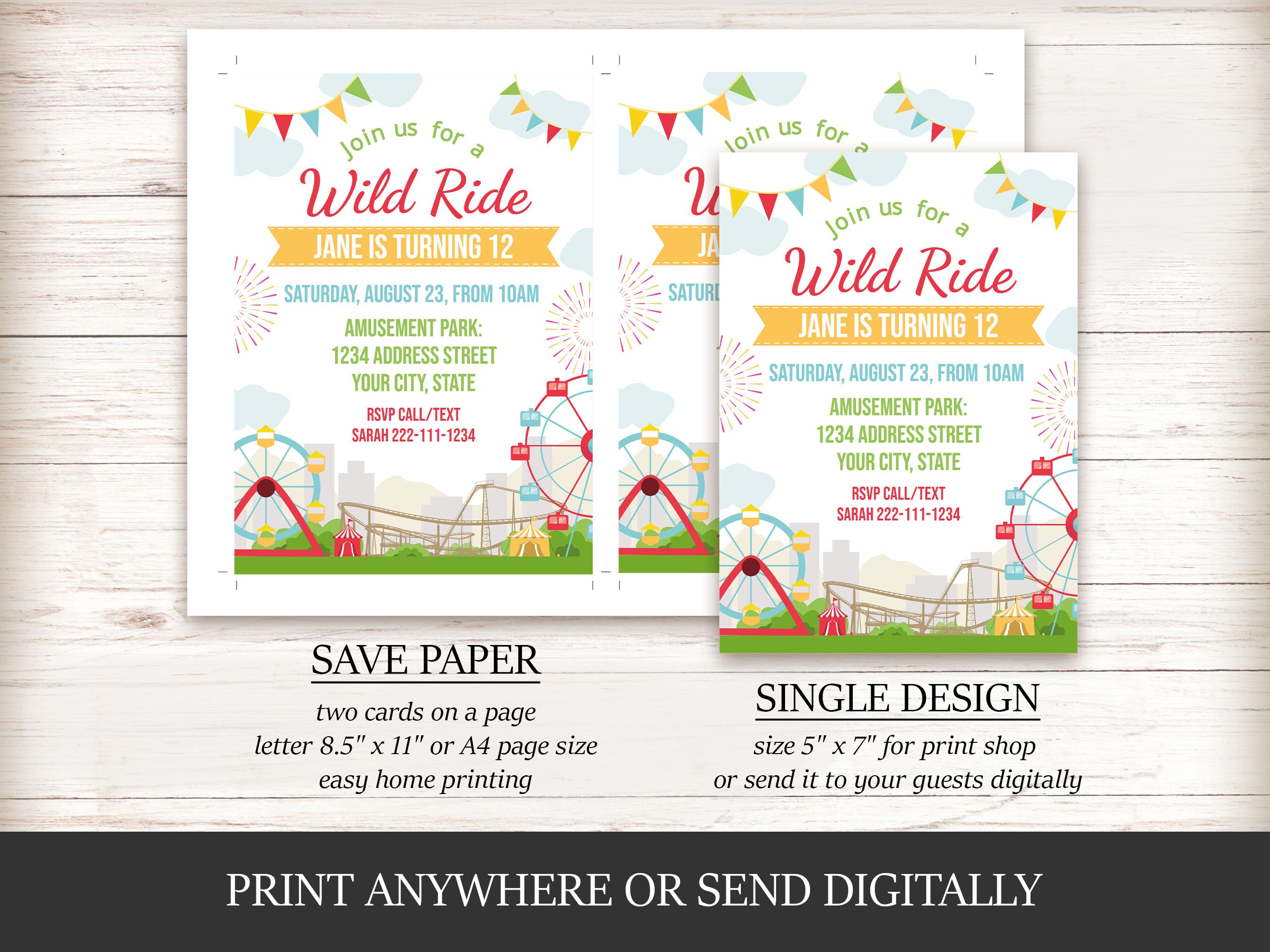 Amusement Park Birthday Invite, Editable Carnival Theme Birthday Party ...