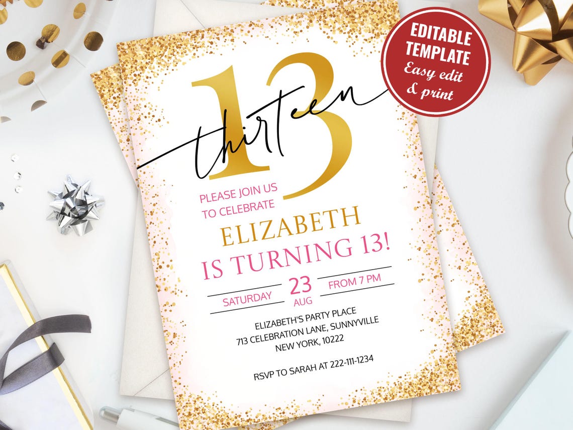 13th Birthday Invitation Template for Girl, Editable Pink 13th Birthday ...