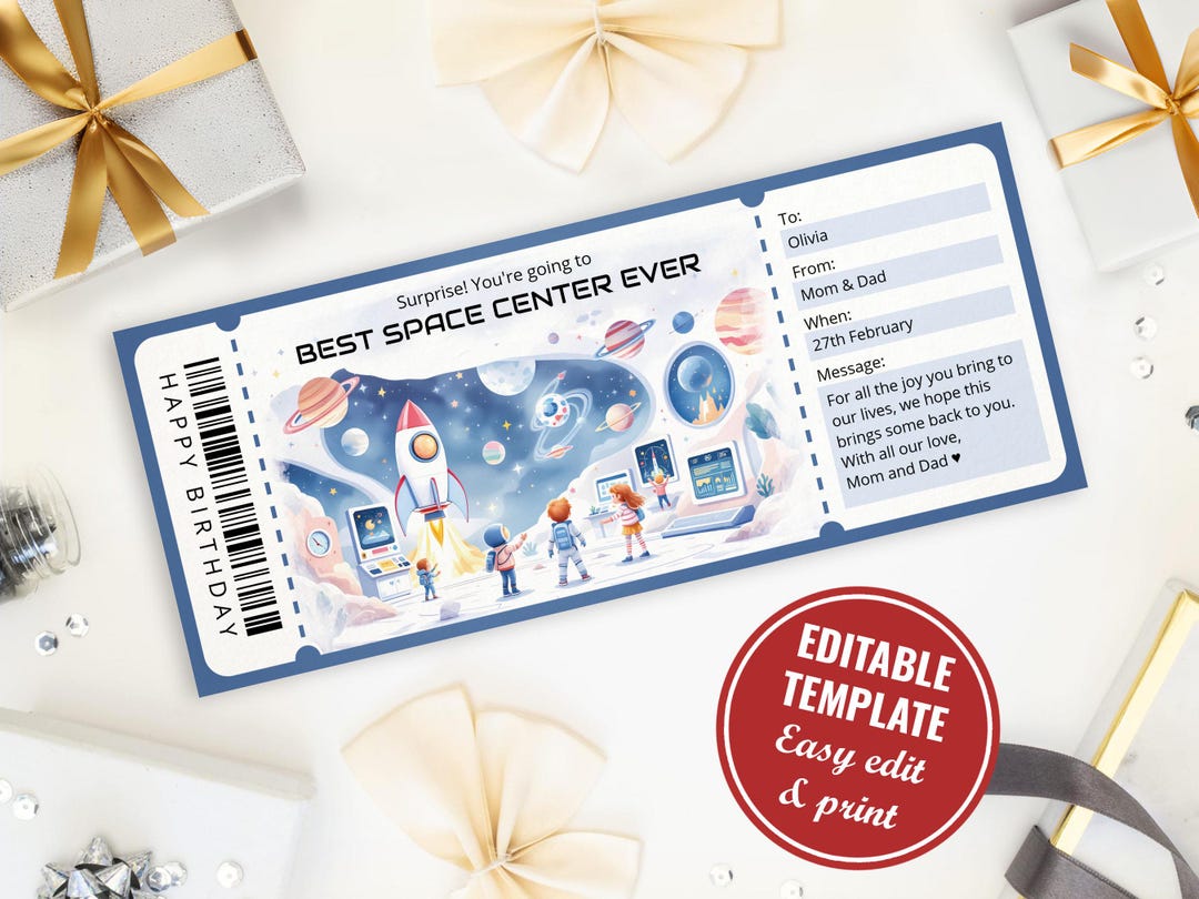 Editable Space Center Gift Certificate, Printable Museum Ticket ...