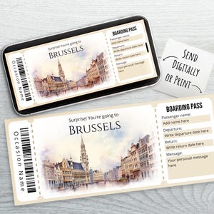 Editable Brussels Boarding Pass Template, Printable Digital Watercolor ...