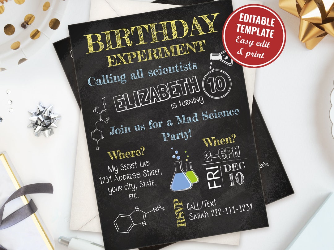 Editable Birthday Science Party Invitation Template for Mad Science ...