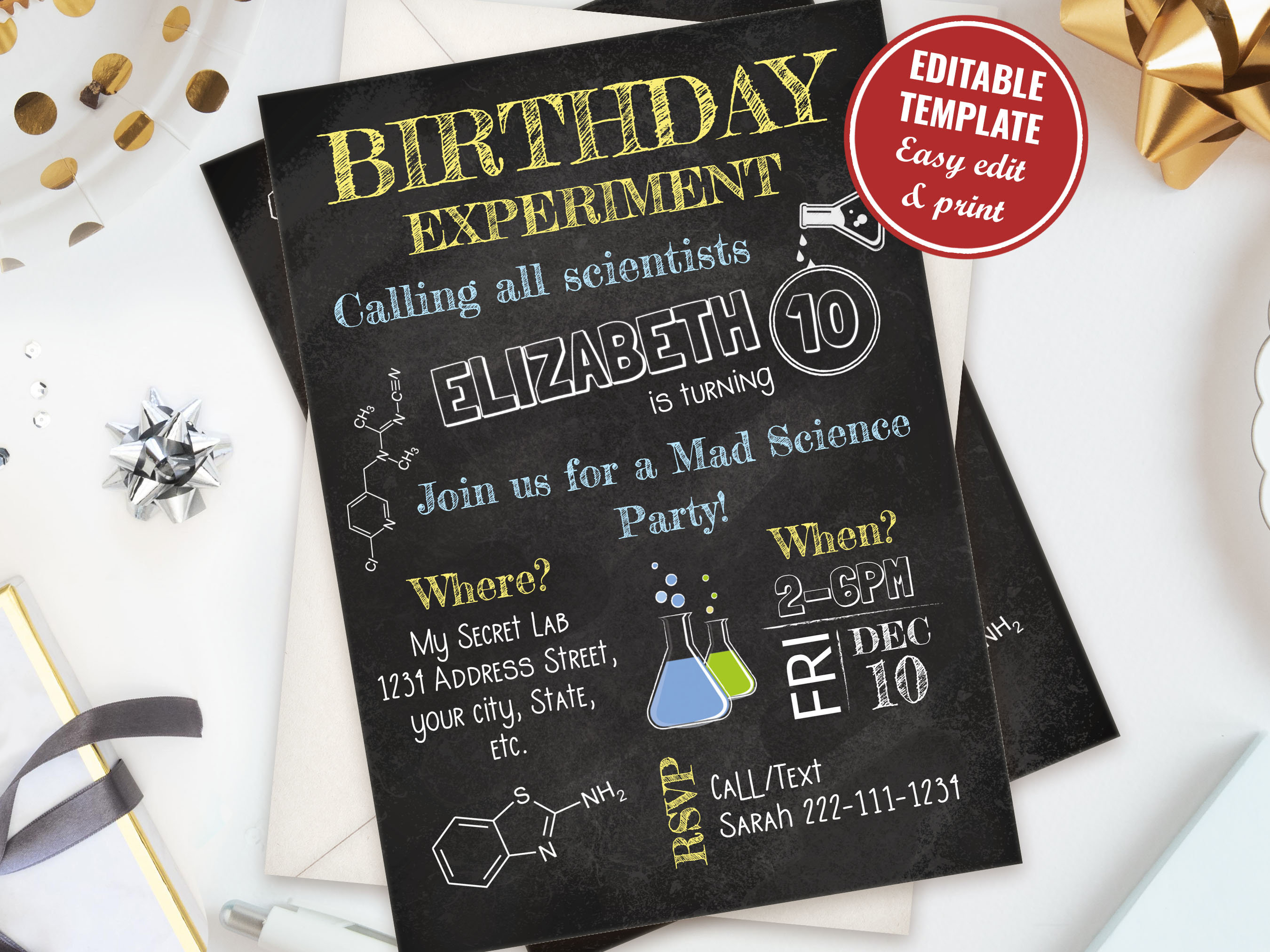 Editable Birthday Science Party Invitation Template for Mad Science ...