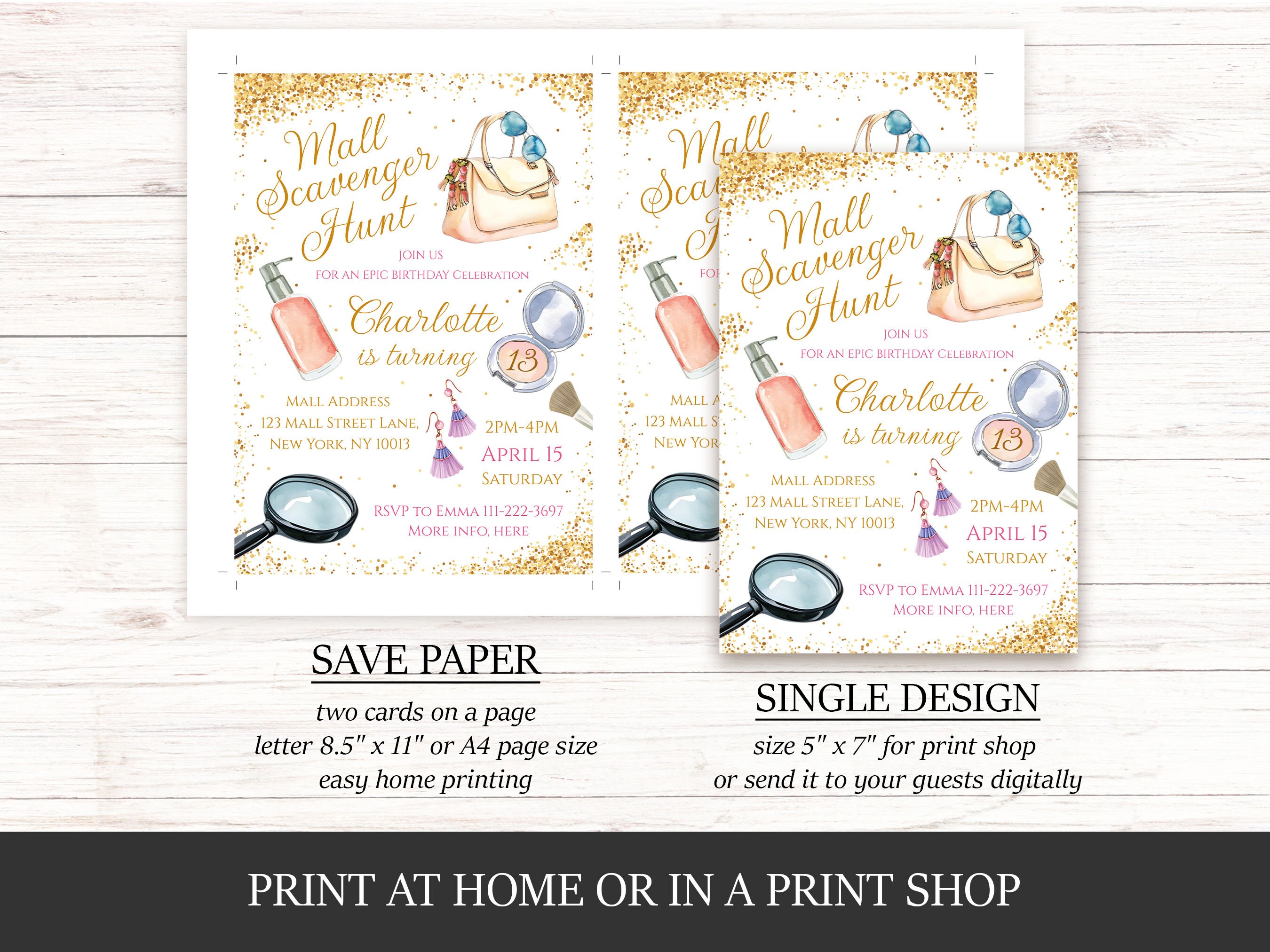Editable Mall Scavenger Hunt Invitation Template for Girl, Mall Party Invitation, Teen Birthday ...