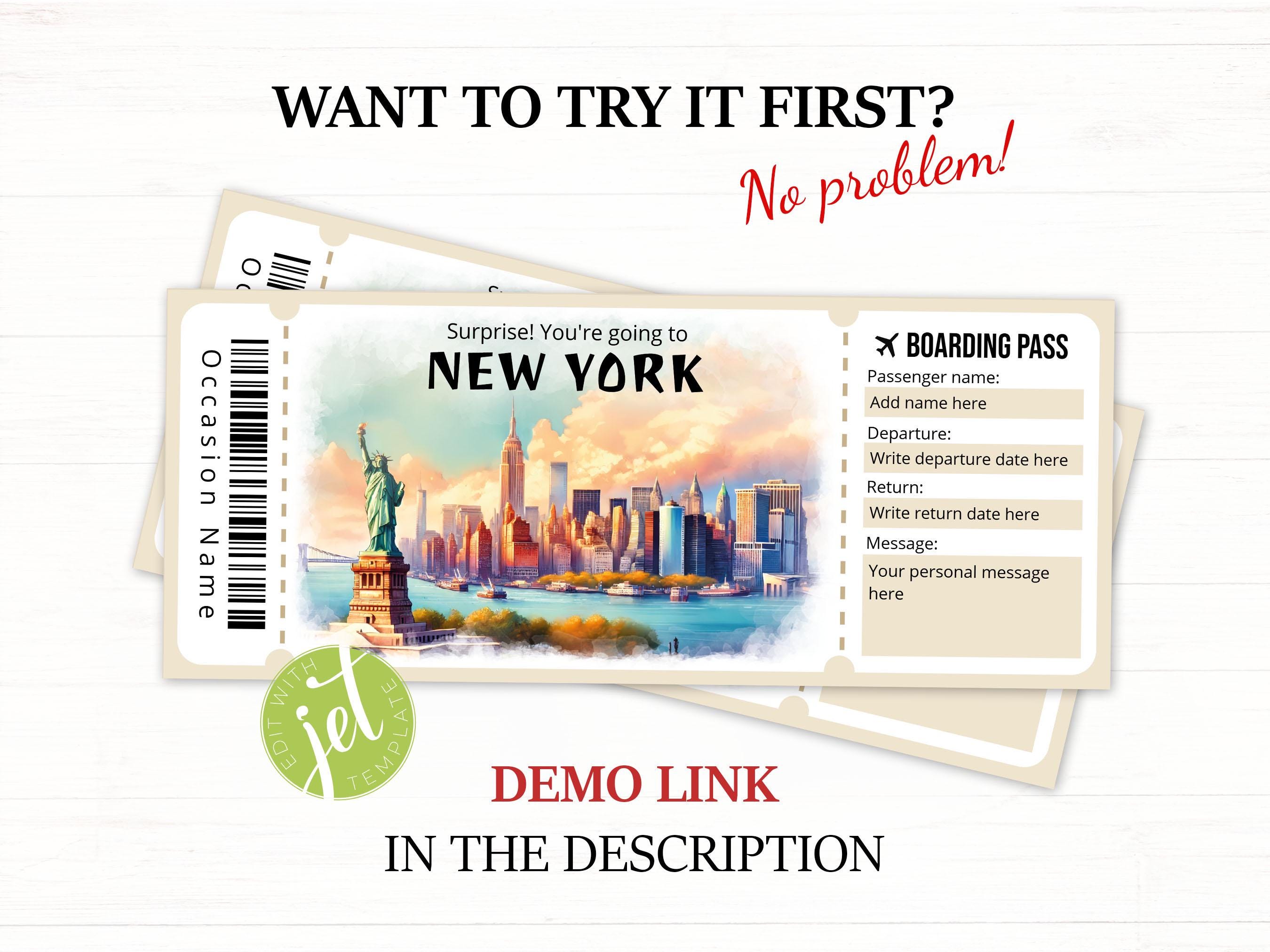New York Boarding Pass Template, Editable and Printable Surprise New ...