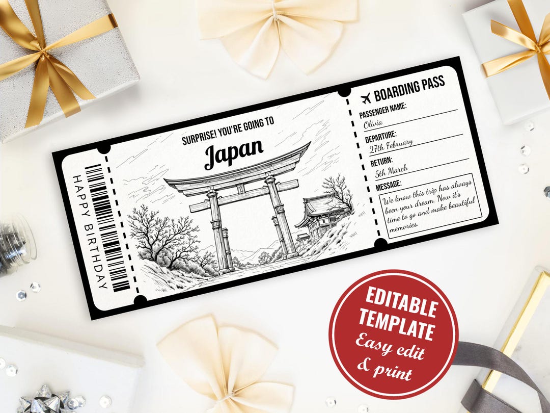 Editable Boarding Pass Japan Ticket Template, Japan Surprise Trip ...