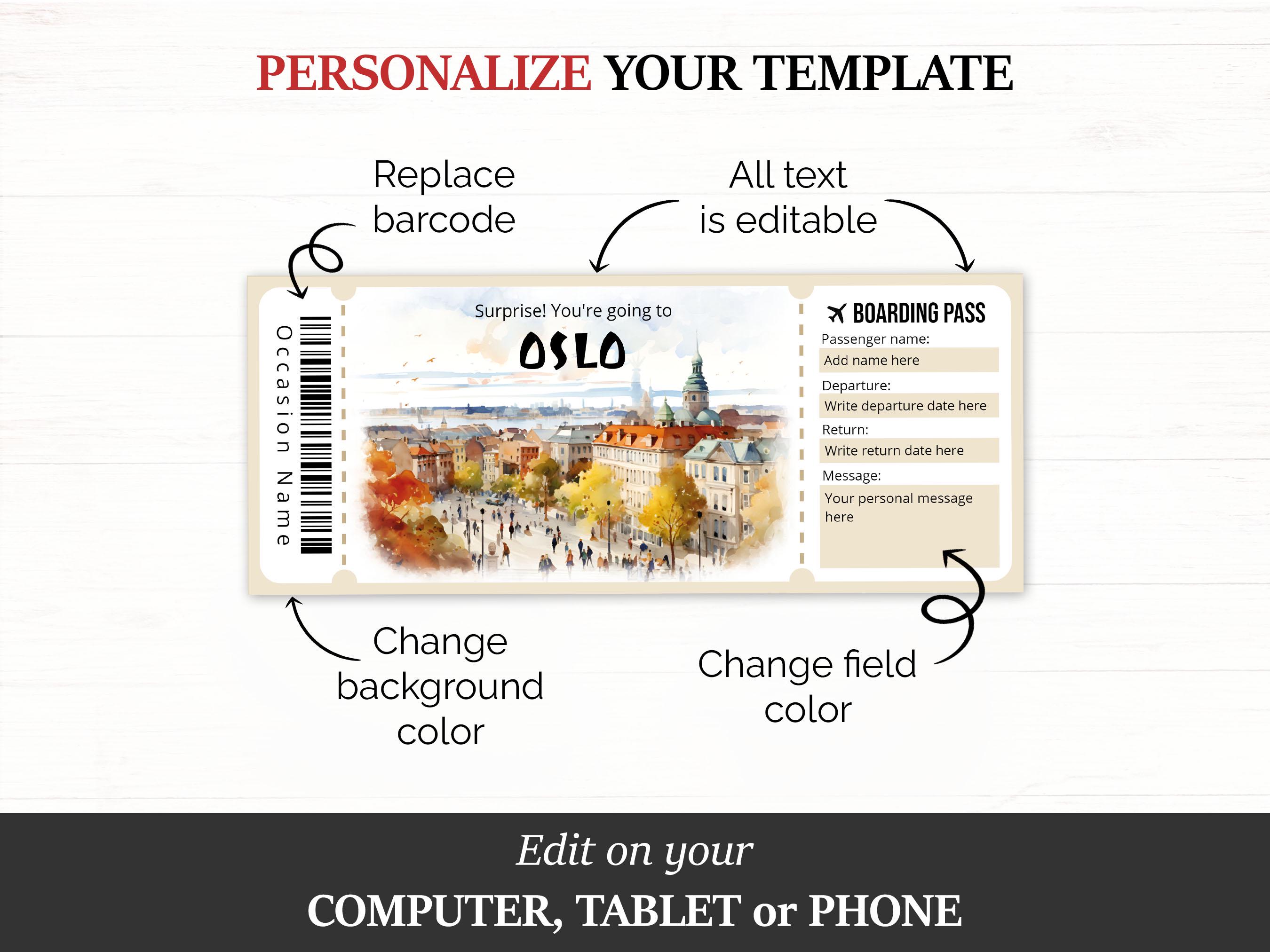 Editable Oslo Boarding Pass Template, Surprise Watercolor Oslo Norway ...