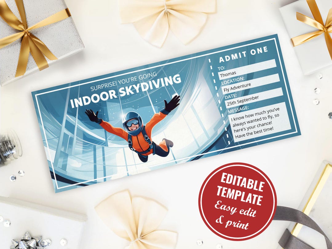 Editable Indoor Skydiving Gift Certificate Template, Printable Indoor Sky Dive Ticket, Surprise ...