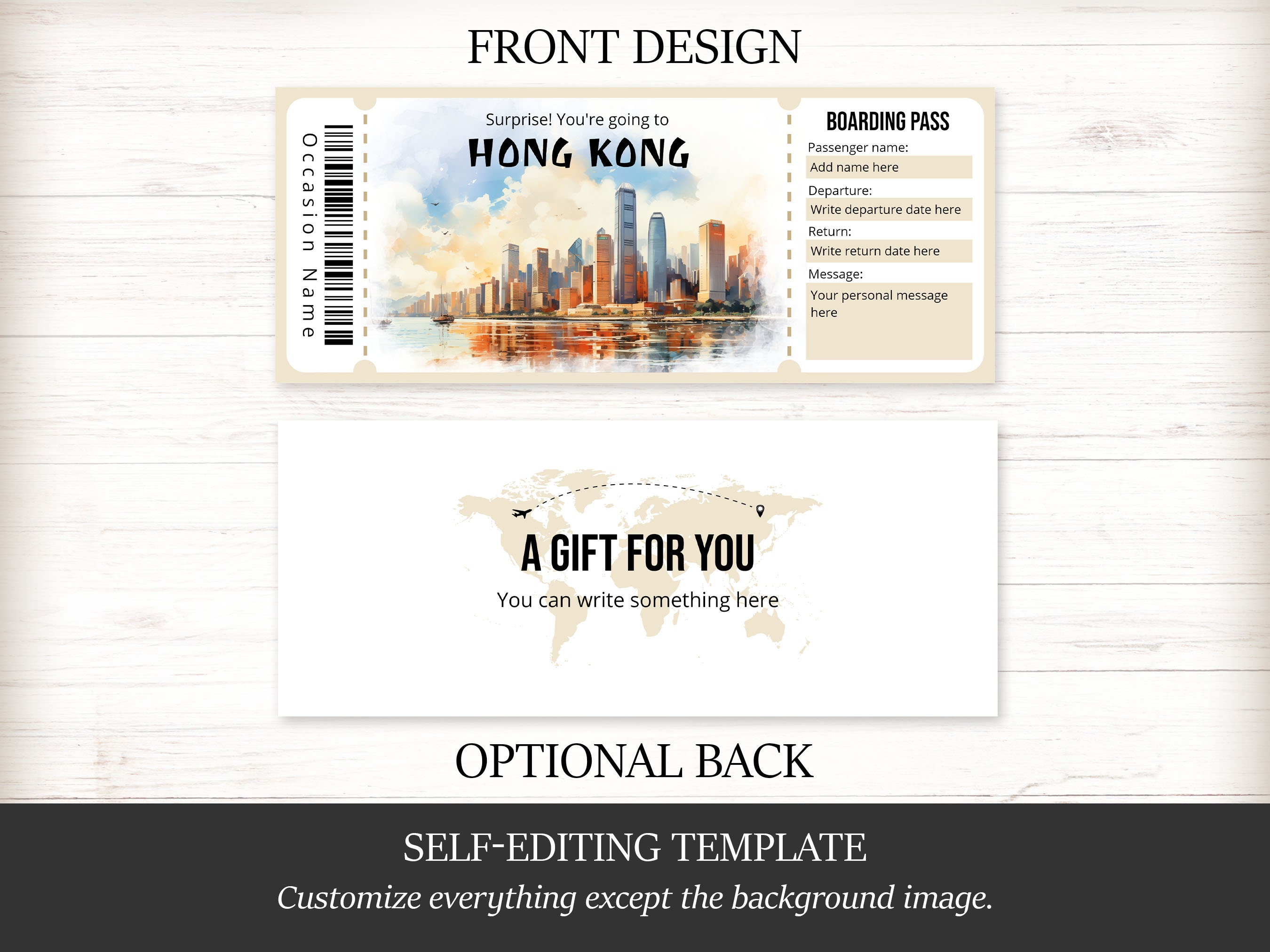 Editable Hong Kong Boarding Pass Template, Printable Personalized Hong ...