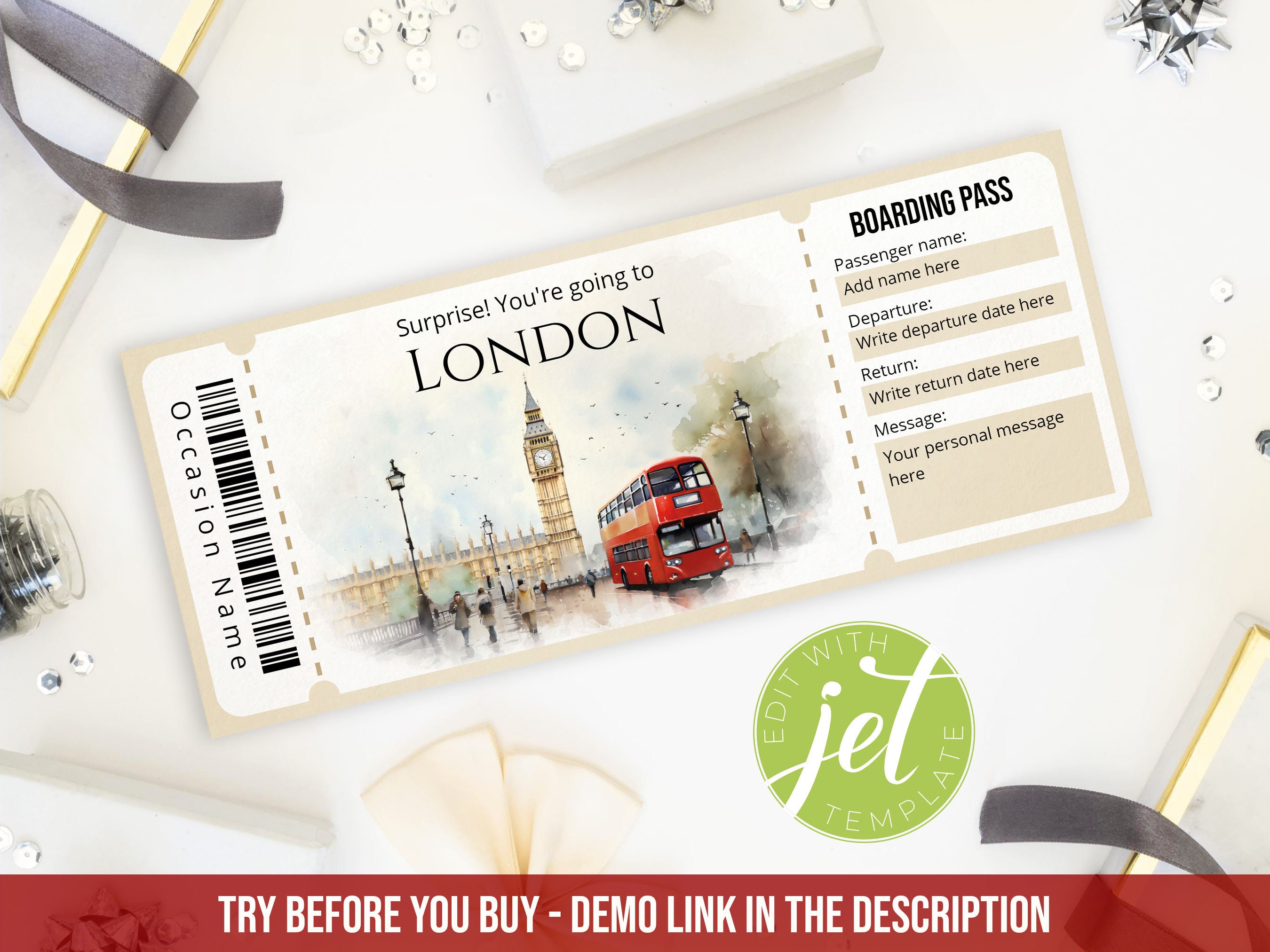 Editable London Boarding Pass Template, Personalized Printable Surprise ...