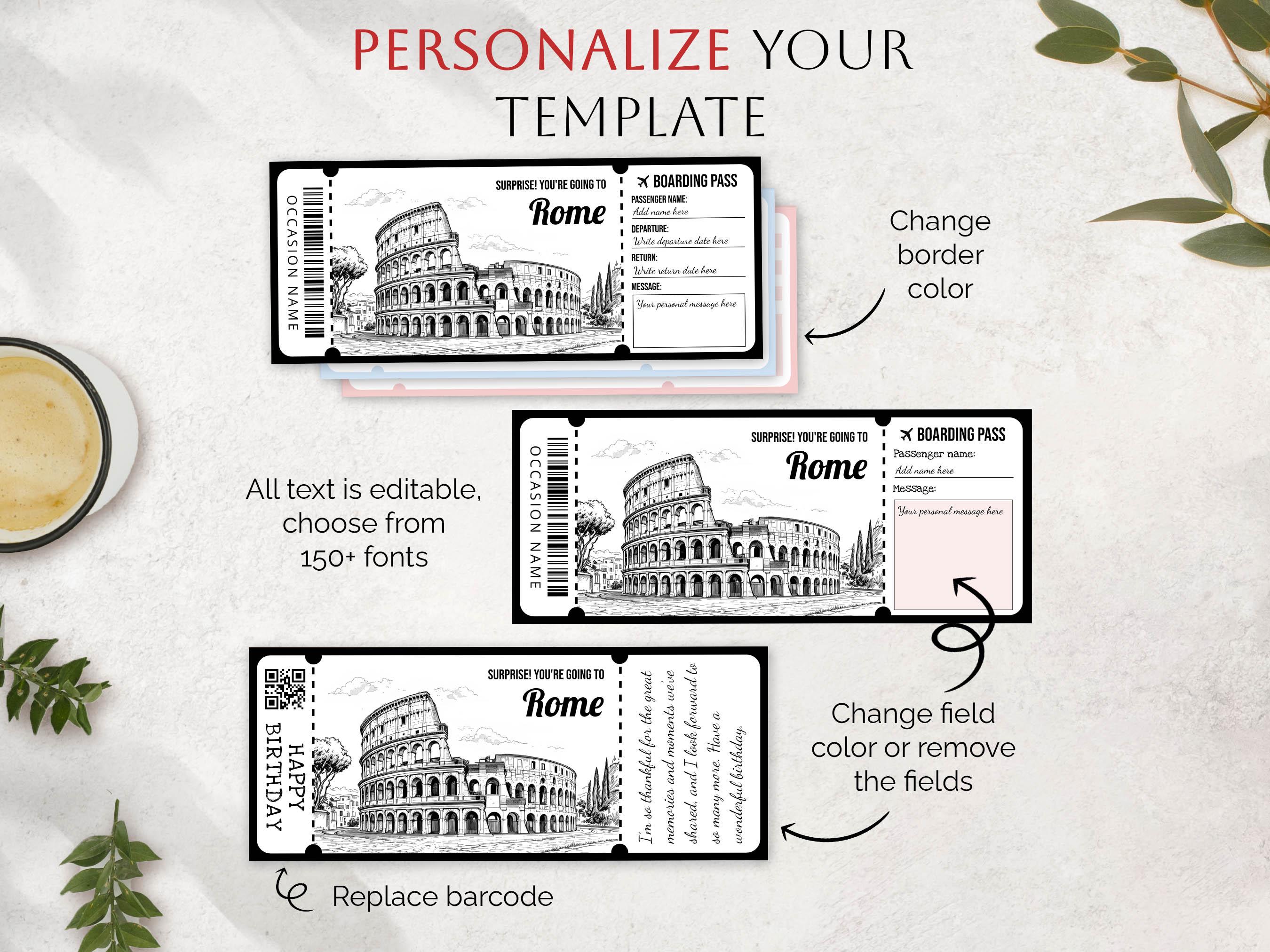 Rome Editable Ticket Template, Rome Surprise Trip Reveal Gift ...