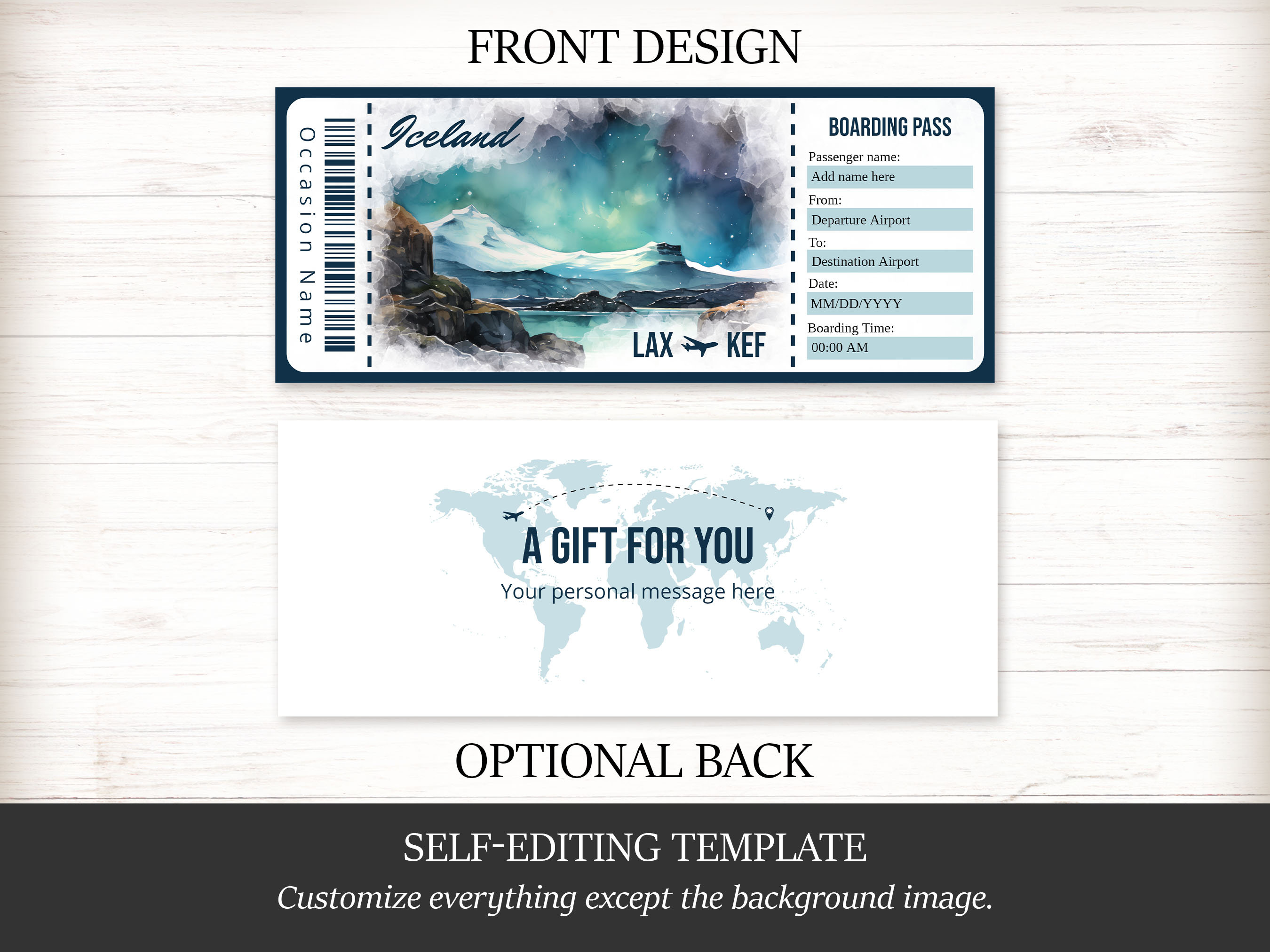 Iceland Trip Editable Watercolor Boarding Pass Template, Reykjavík ...