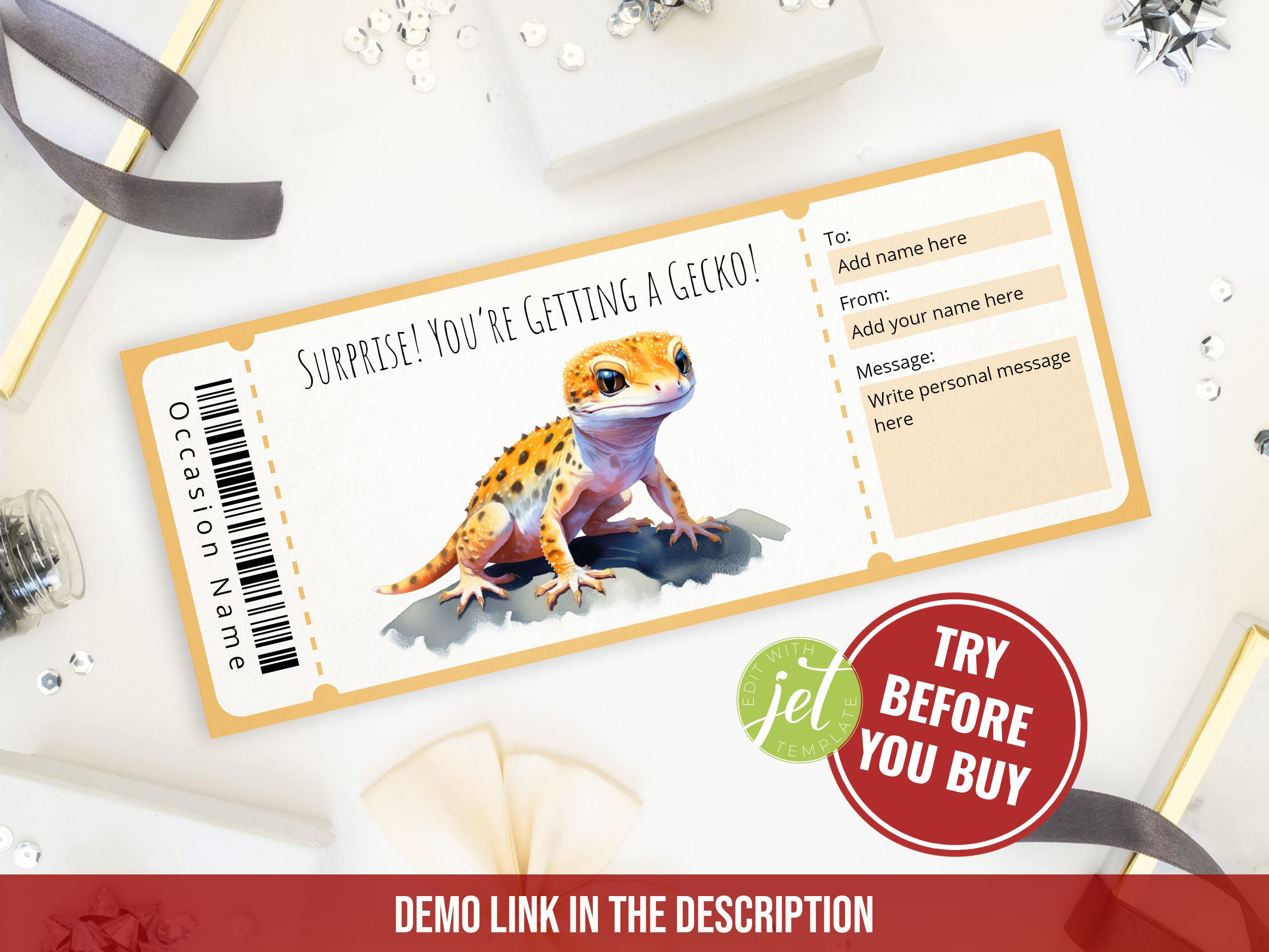 Editable Gecko Gift Certificate Template for Lizard Lover, Personalized ...