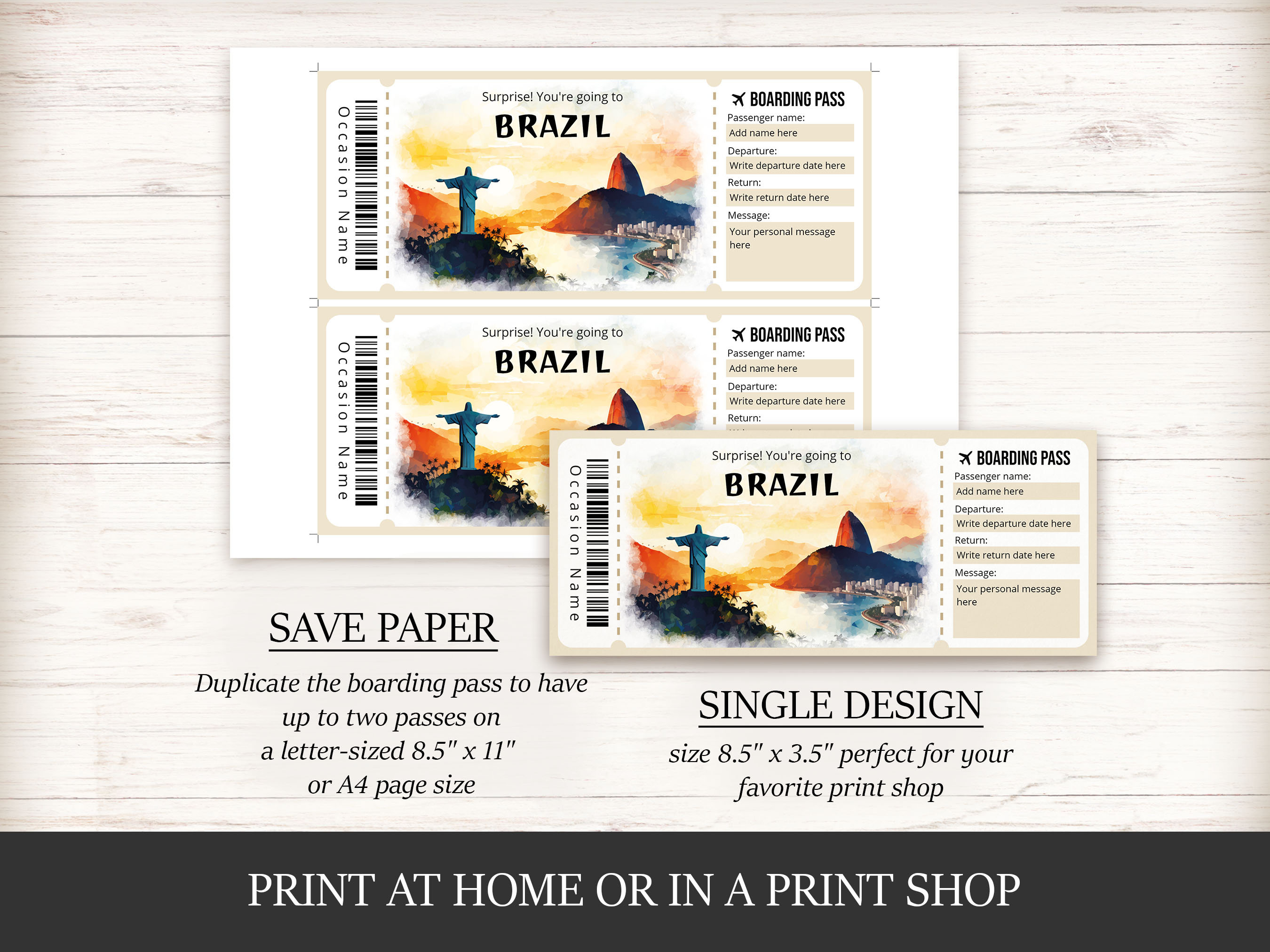 Editable Brazil Boarding Pass Template, Personalized Gift Printable ...