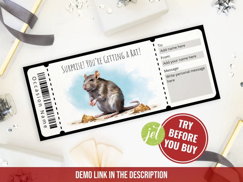 Editable Rat Gift Certificate Template for Rat Lover, Personalized ...