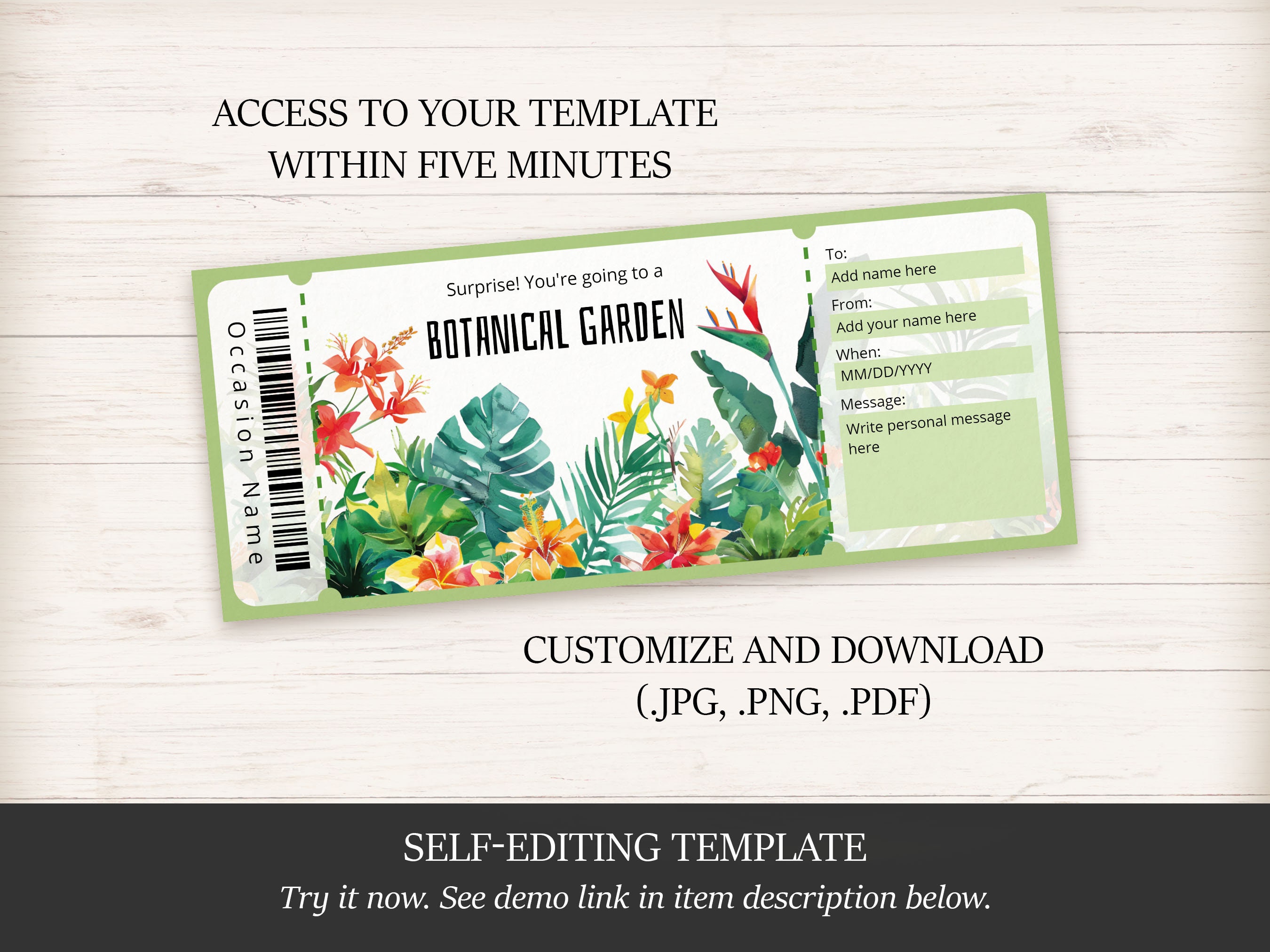 Editable Botanical Garden Ticket Gift Certificate Template, Surprise ...