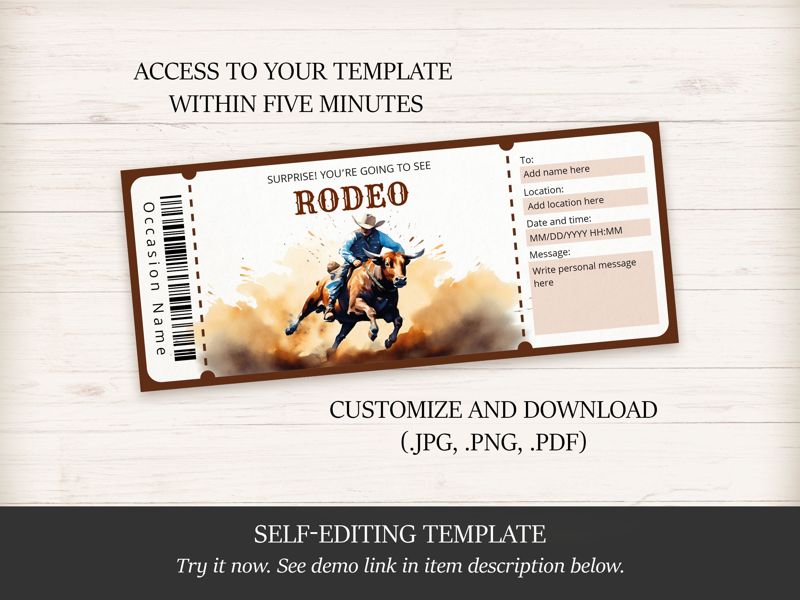 Surprise Bull Rodeo Ticket Template, Customizable and Printable Bull ...