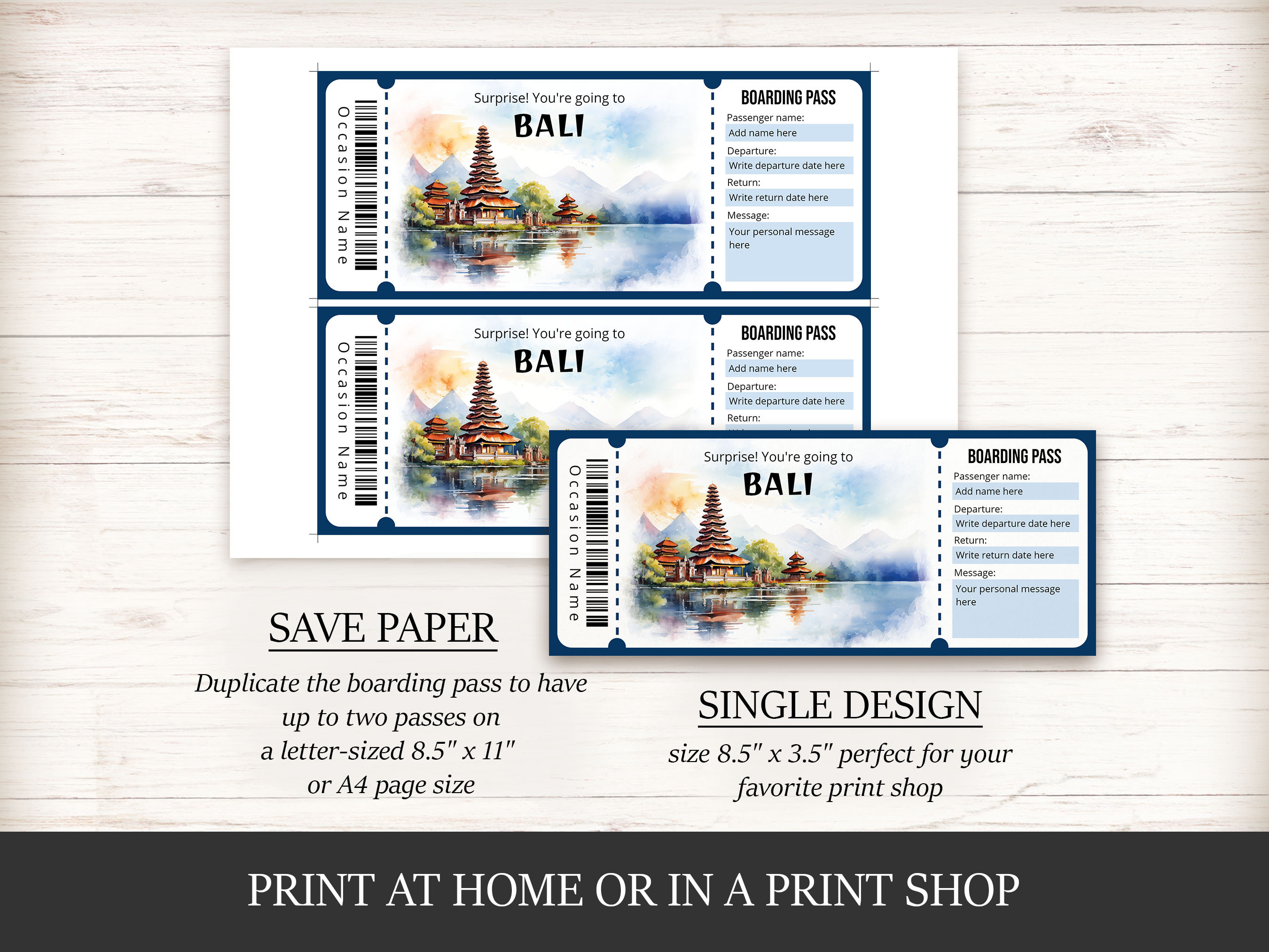 Printable Bali Boarding Pass Template, Personalized Editable Surprise ...