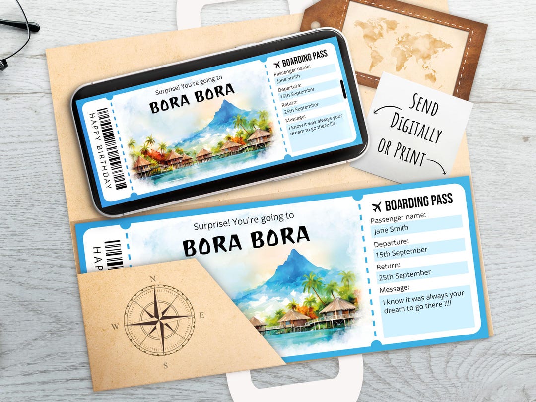 Surprise BORA BORA Trip Reveal Gift Ticket Template - Boarding Pass ...