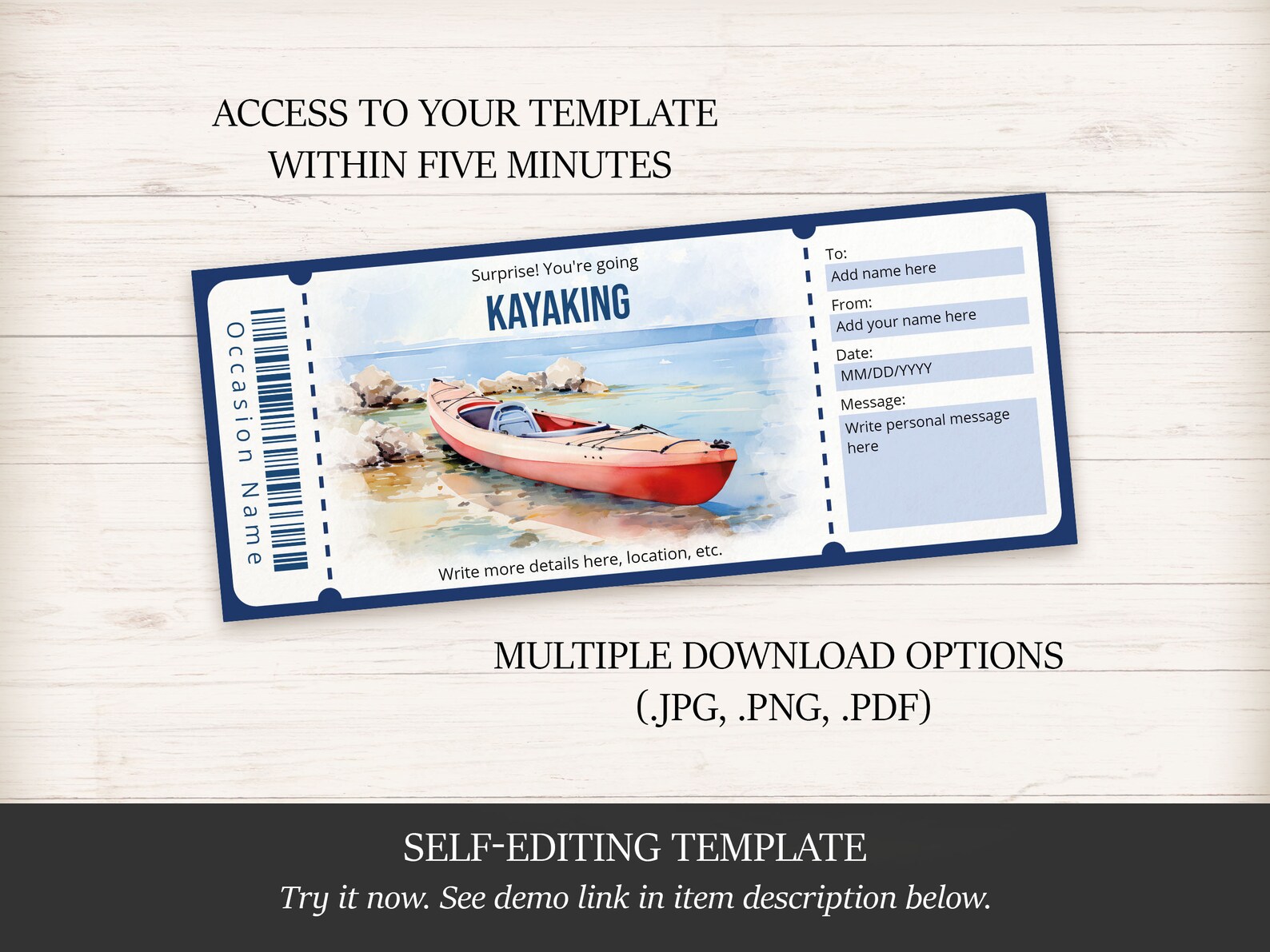 Kayaking Ticket Voucher Template for Water Sports Lover, Editable ...