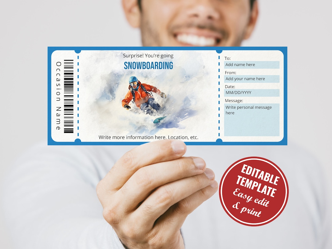 Snowboarding Ticket Voucher Template for Winter Sports Lover, Editable ...