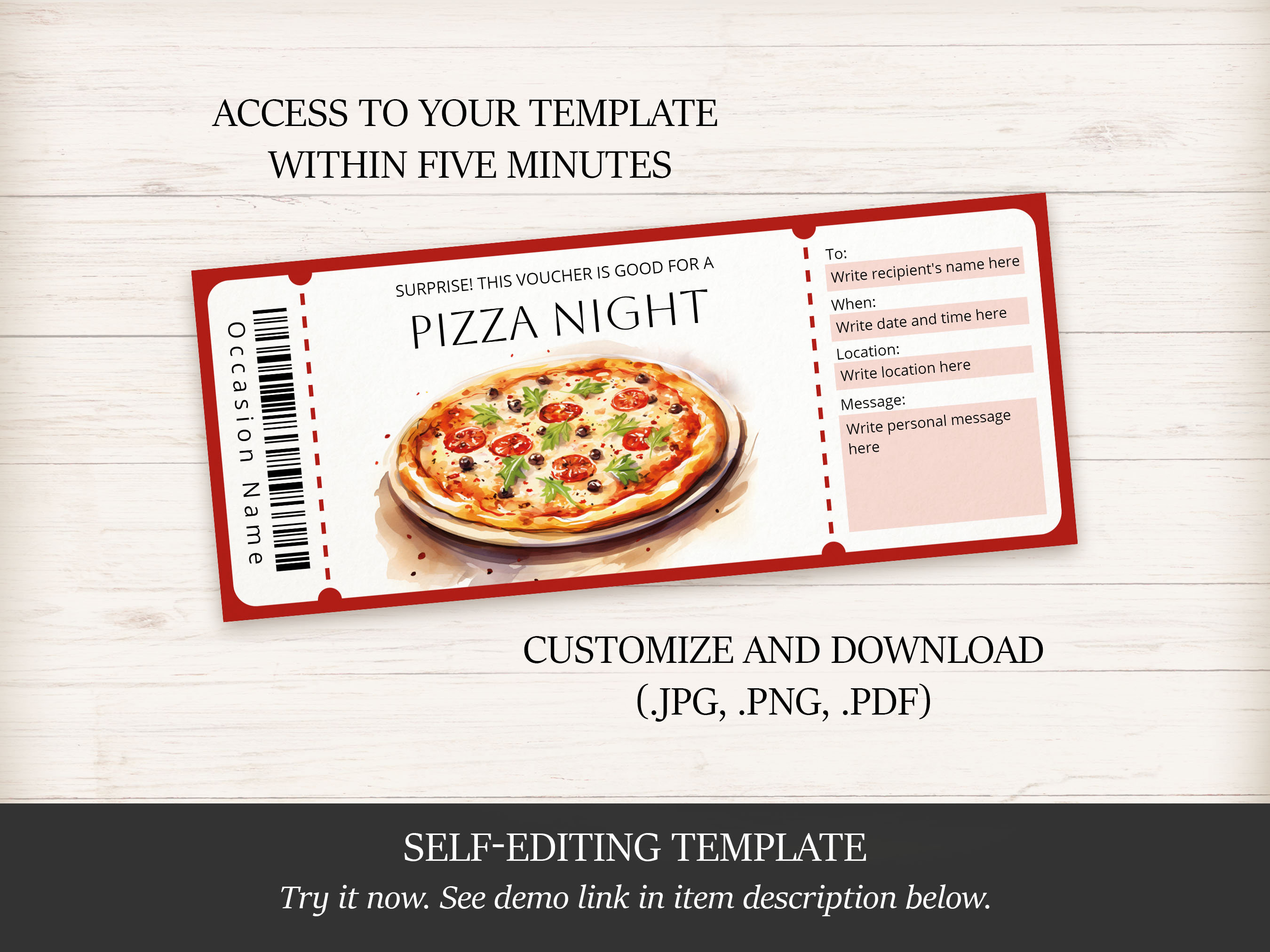 Editable Pizza Gift Certificate Template, Printable Pizza Night Gift ...