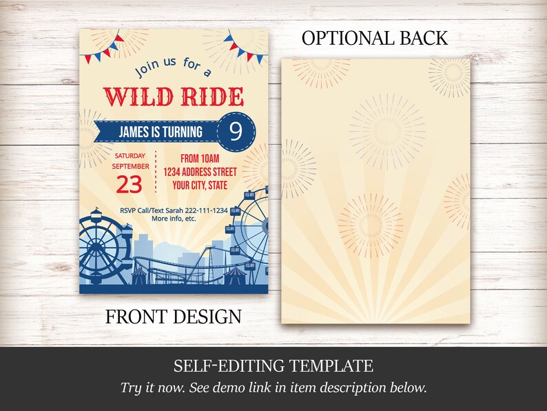 Amusement Park Birthday Party Invitation Editable Carnival - Etsy