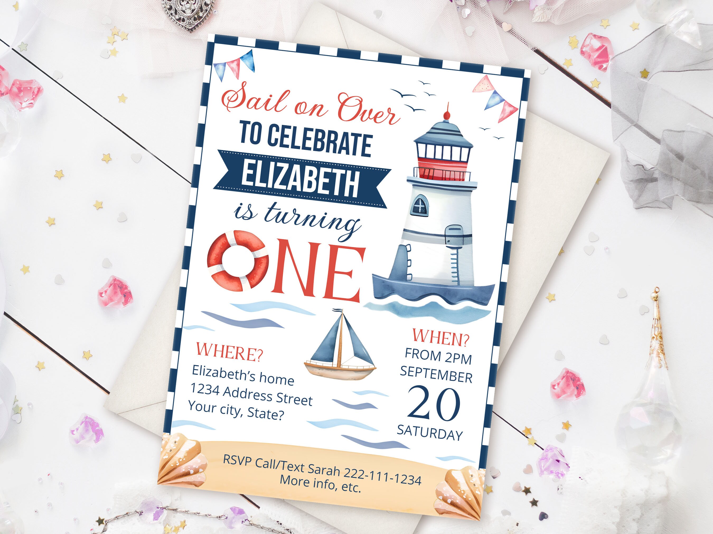 Nautical 1st Birthday Invitation Template, Nautical Birthday Party ...