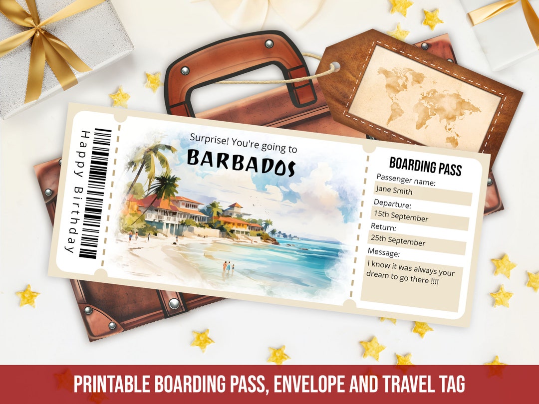 Printable Barbados Boarding Pass Template Personalized Editable Surprise Barbados Plane Ticket 7323
