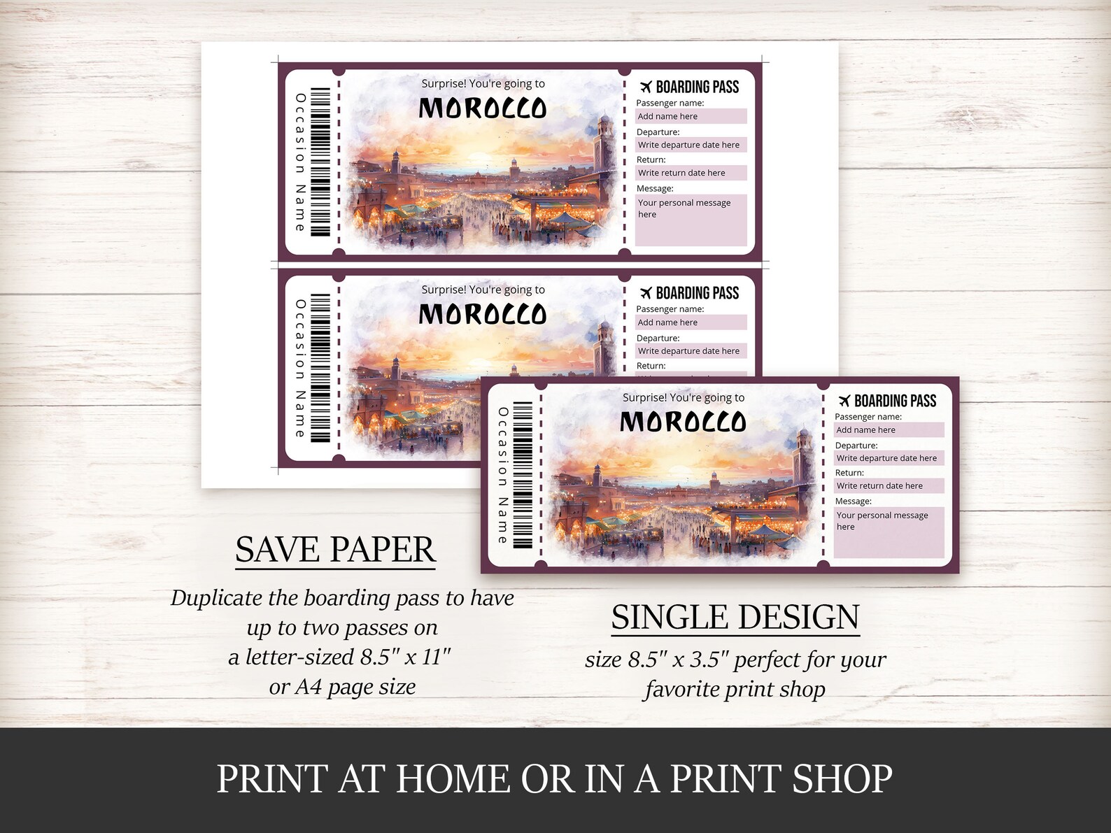 Editable Morocco Boarding Pass Template, Personalized Gift Printable ...