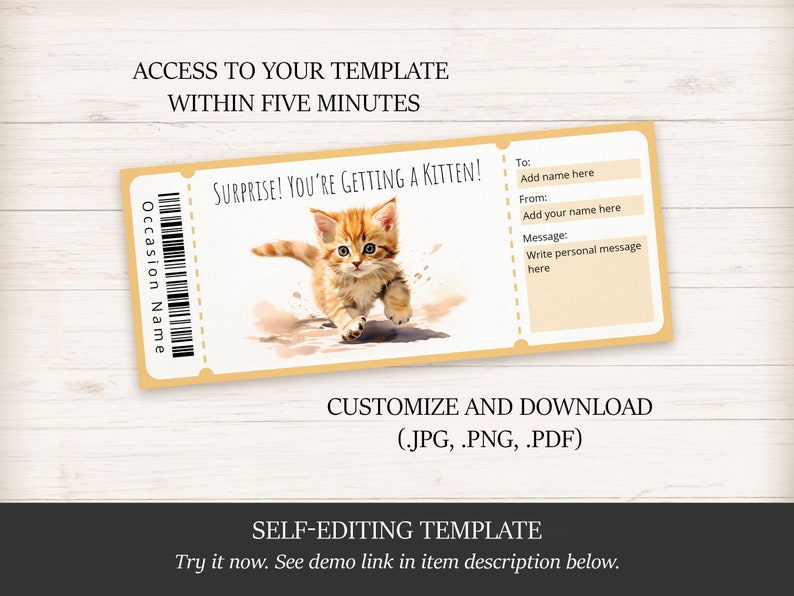 Editable Kitten Gift Certificate Template for Cat Lover, Personalized ...