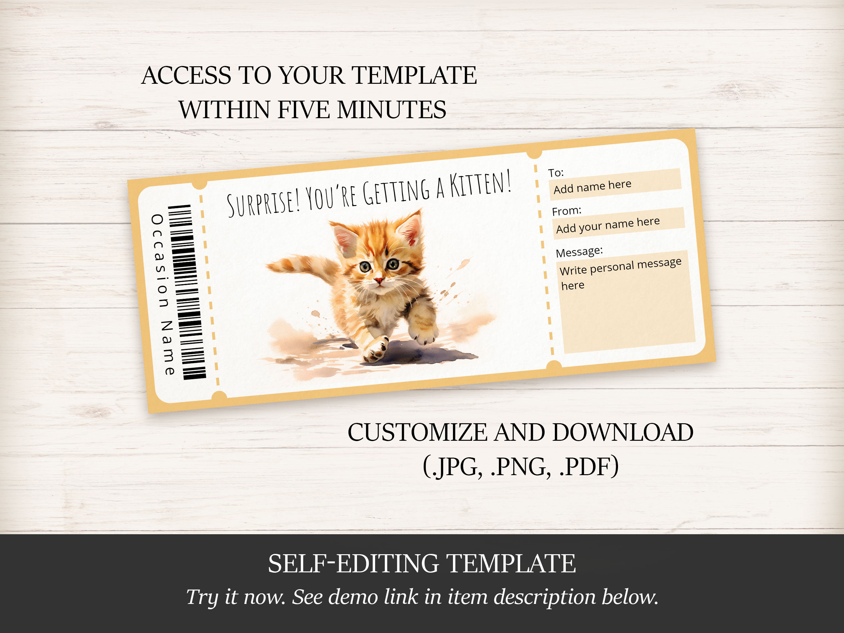 Editable Kitten Gift Certificate Template for Cat Lover, Personalized ...
