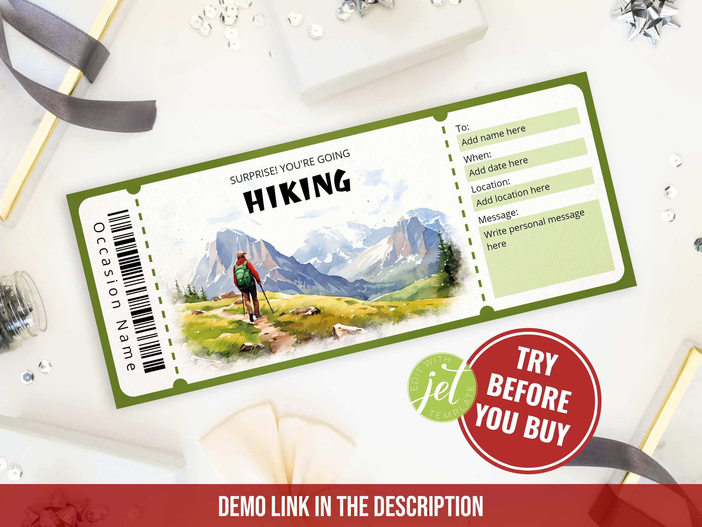Editable Hiking Gift Ticket Template, Surprise Printable Trail Walking ...