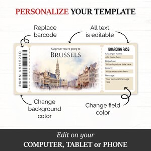 Editable Brussels Boarding Pass Template, Printable Digital Watercolor ...