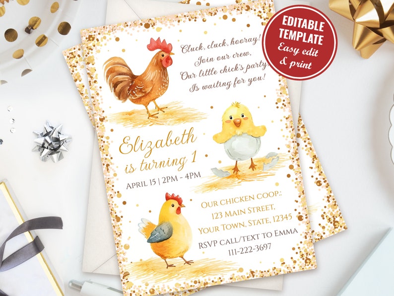 Editable Chicken Birthday Invitation Template, Cute Chicken Party ...