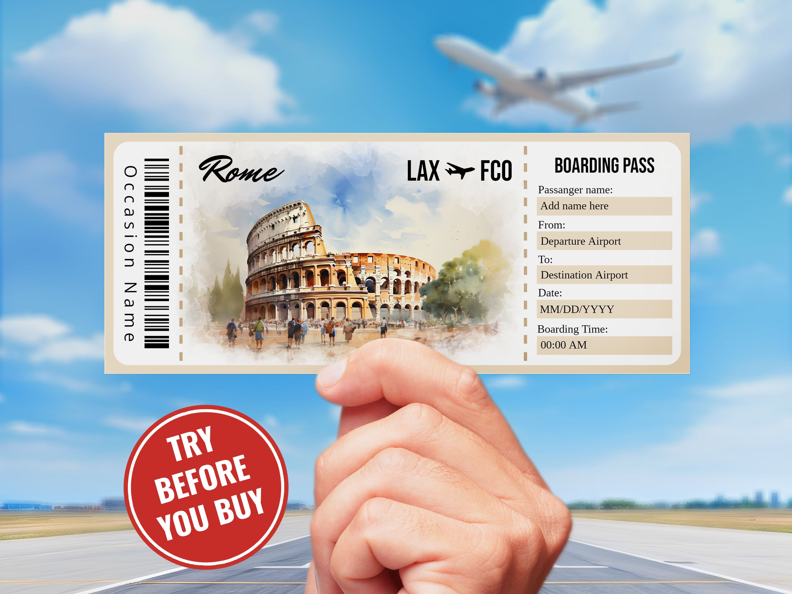 Rome Trip Editable Watercolor Boarding Pass Template Rome - Etsy