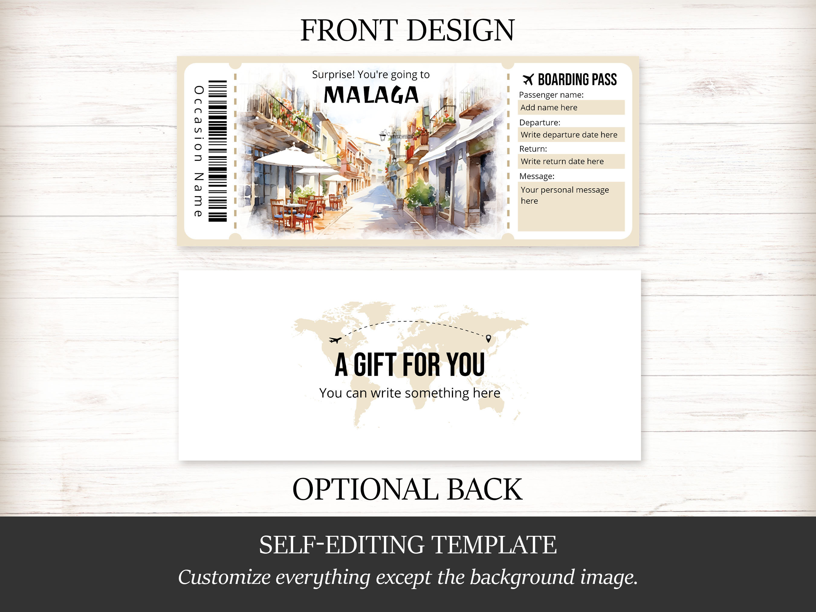 Editable Malaga Boarding Pass Template, Personalized Gift Printable ...