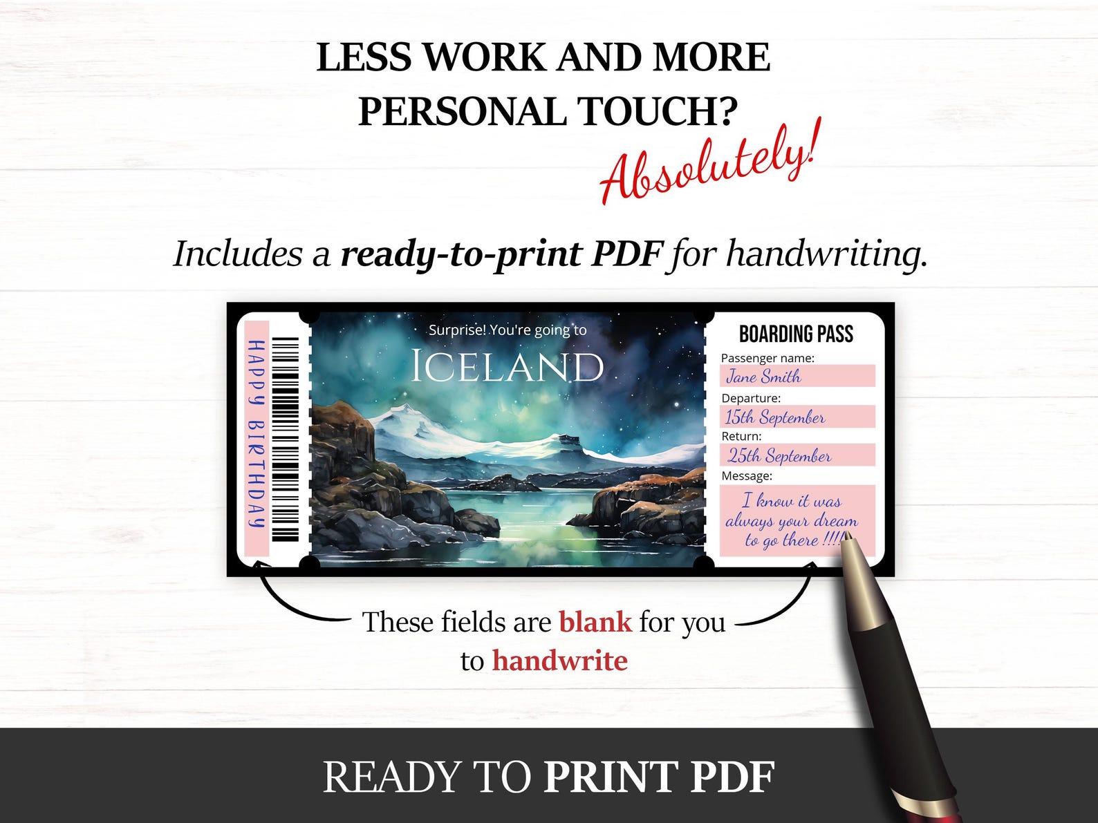 Editable Iceland Boarding Pass Template, Surprise Printable Watercolor ...