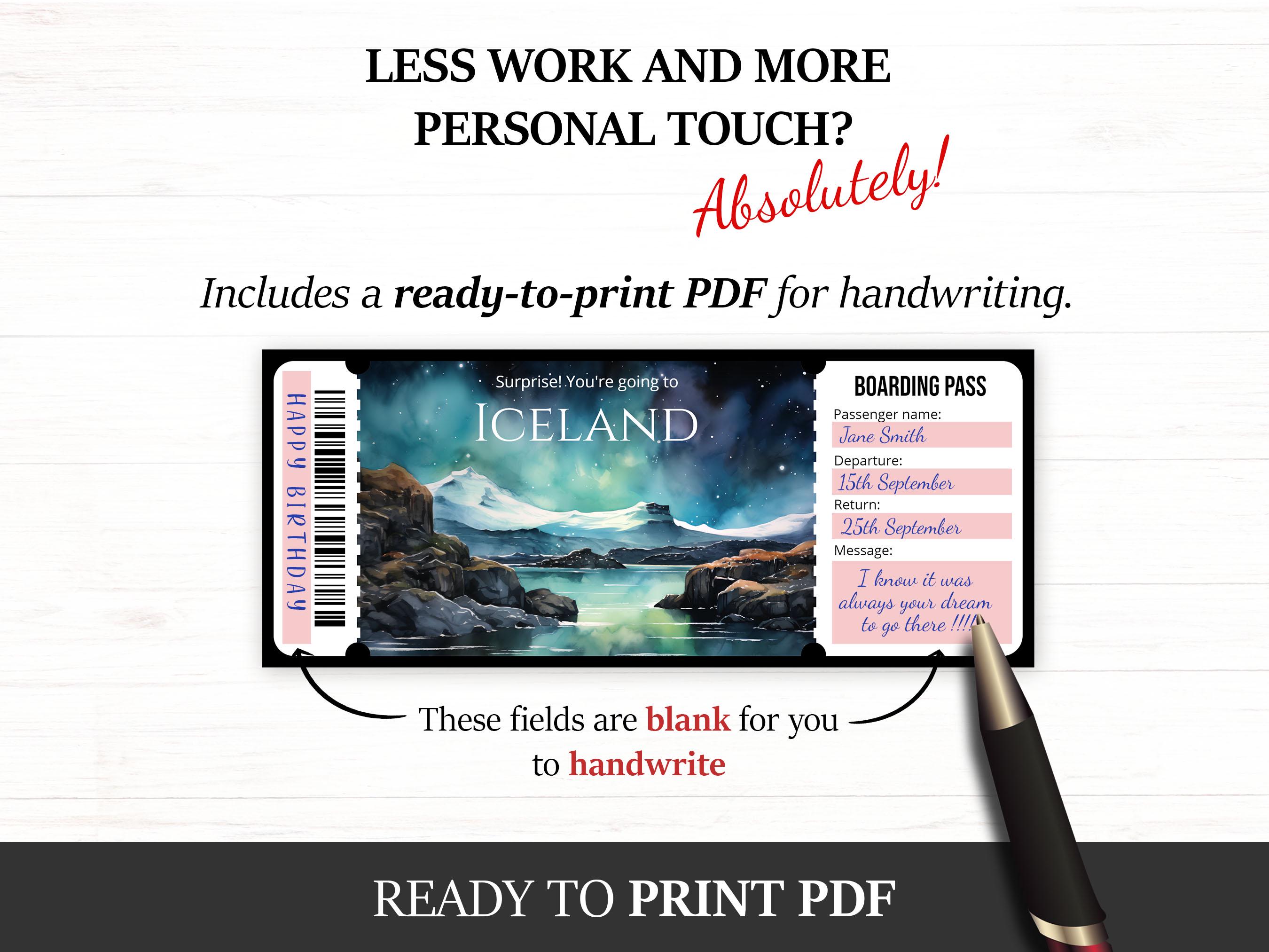 Editable Iceland Boarding Pass Template, Surprise Printable Watercolor ...