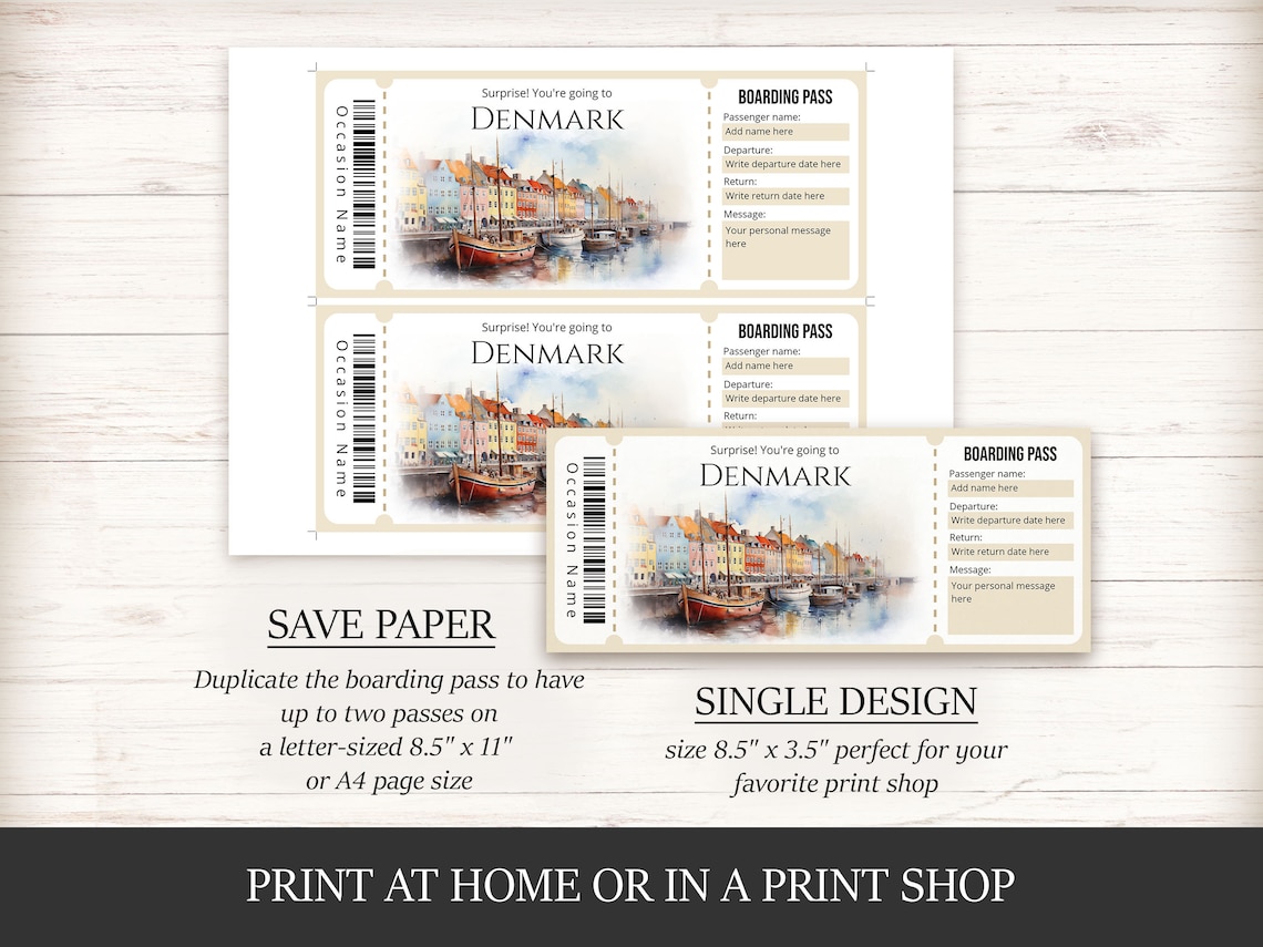 Editable Denmark Boarding Pass Template, Personalized Gift Printable Denmark Trip Ticket ...