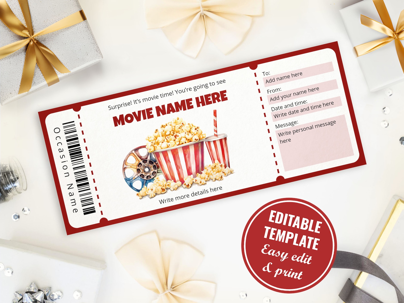 Surprise Movie Night Ticket Template, Customizable and Printable Cinema ...