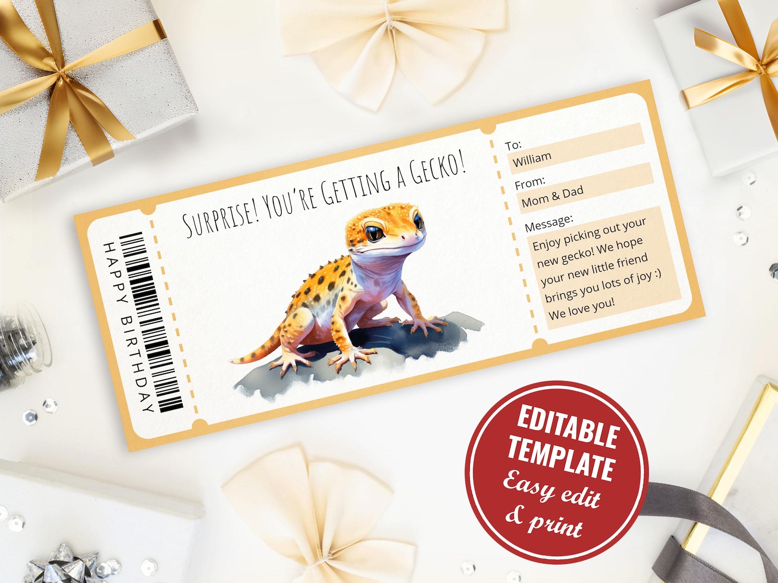 Editable Gecko Gift Certificate Template for Lizard Lover, Personalized ...