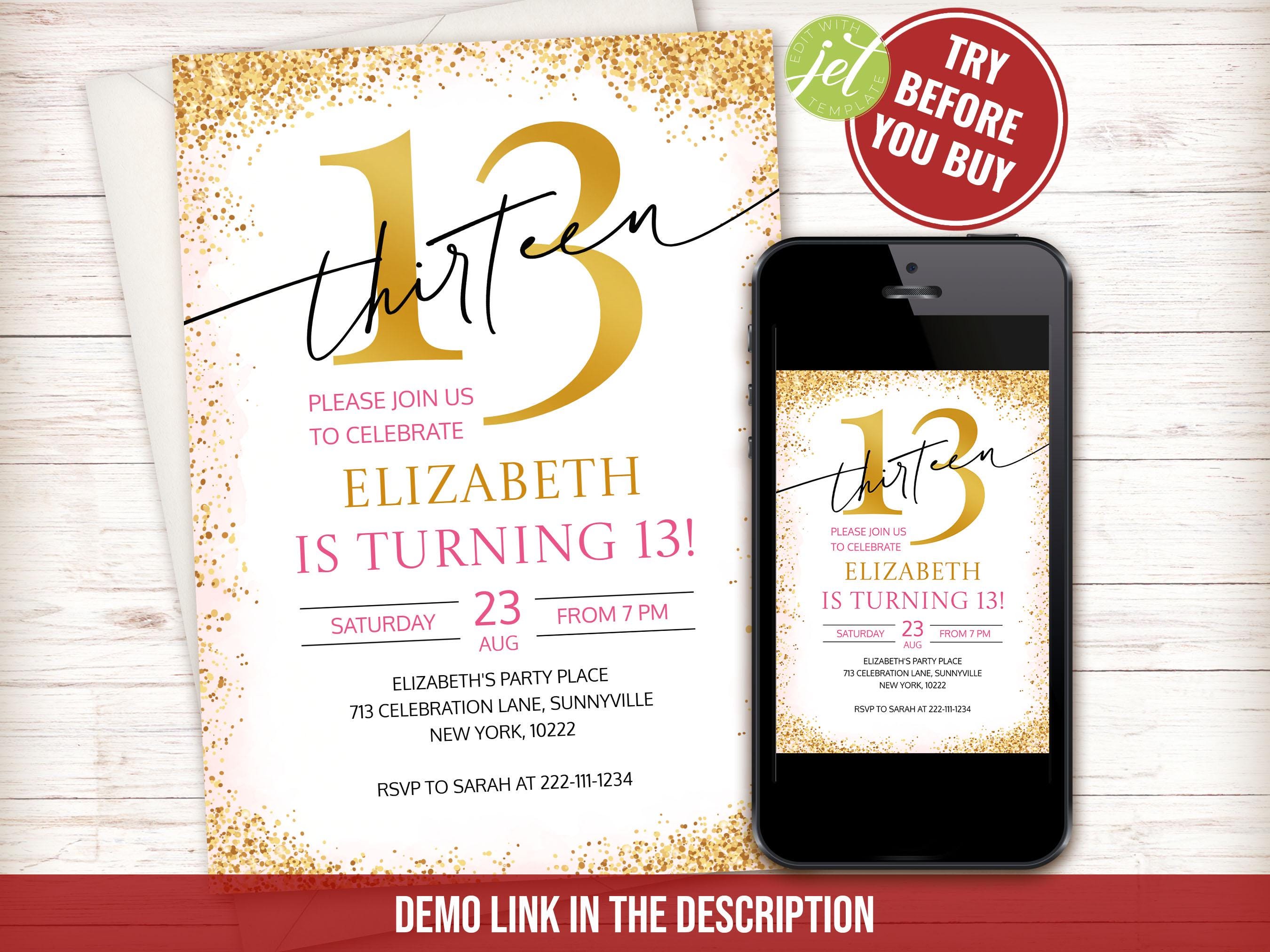 13th Birthday Invitation Template for Girl, Editable Pink 13th Birthday ...