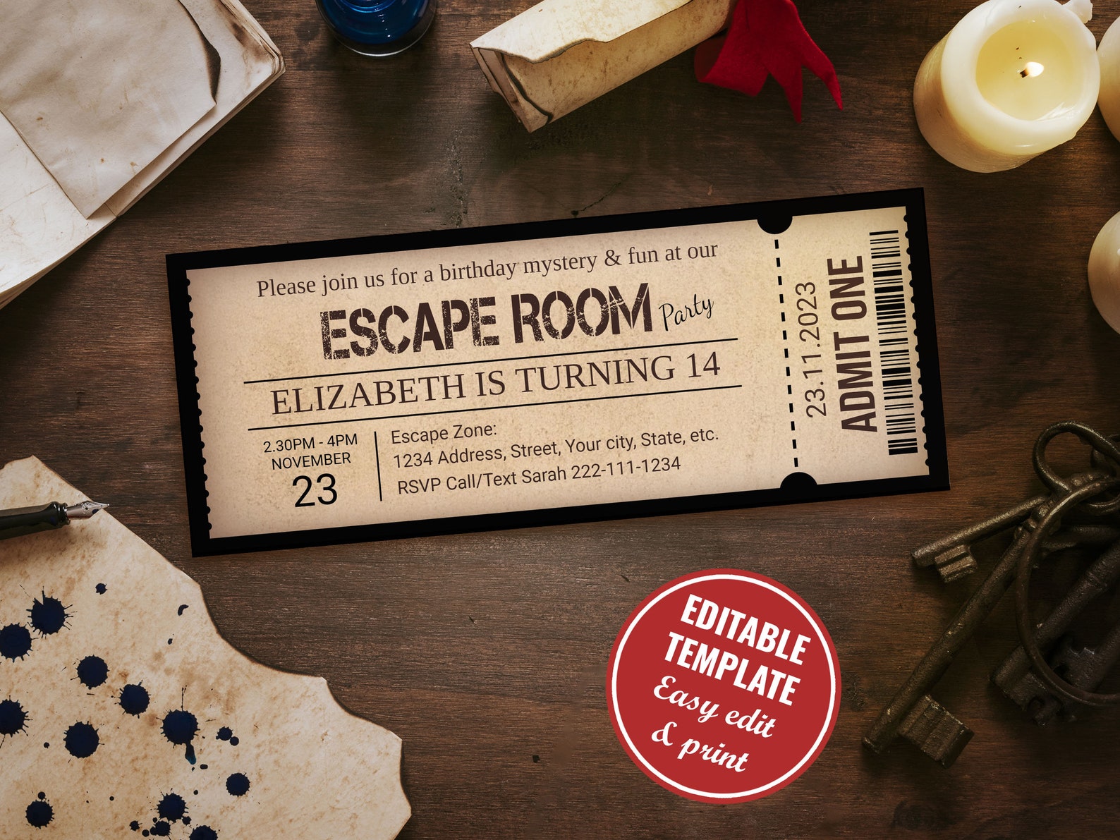 Escape Room Birthday Invitation Ticket, Editable Escape Room Invitation ...