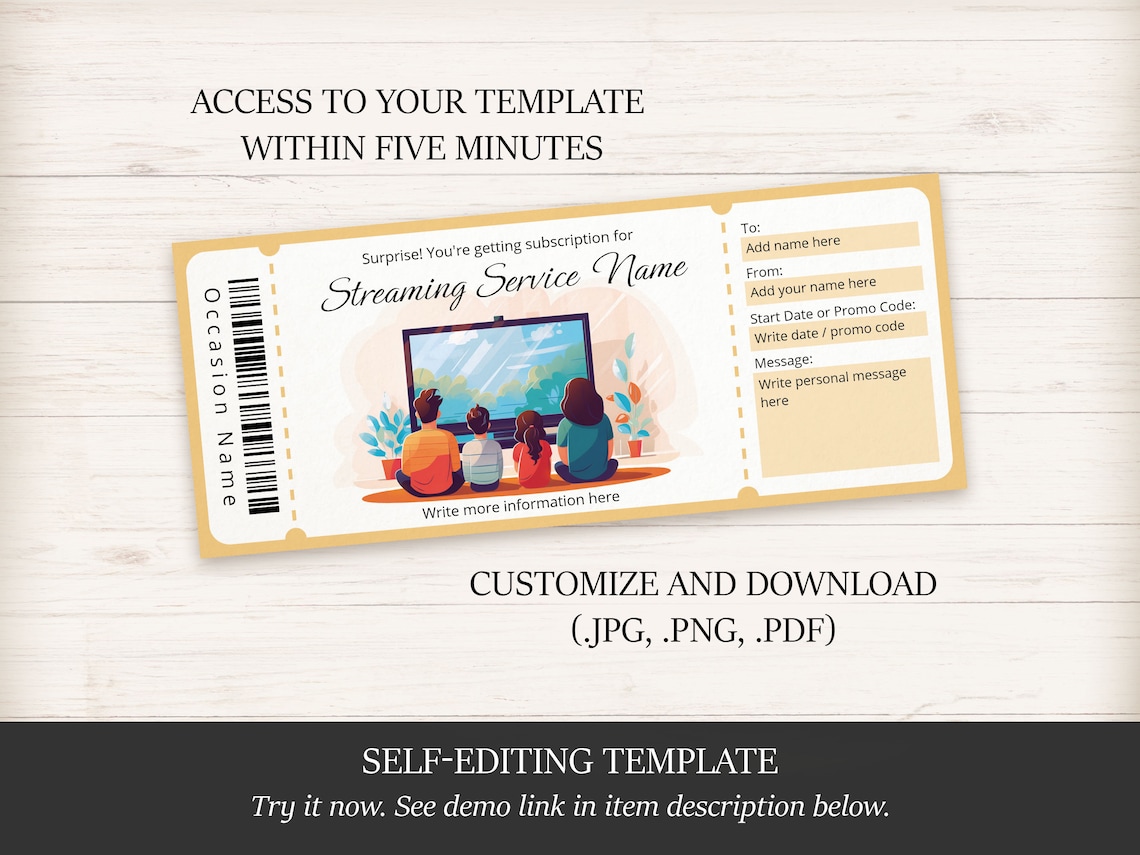 Editable Movie Streaming Subscription Gift Card Template, Surprise ...